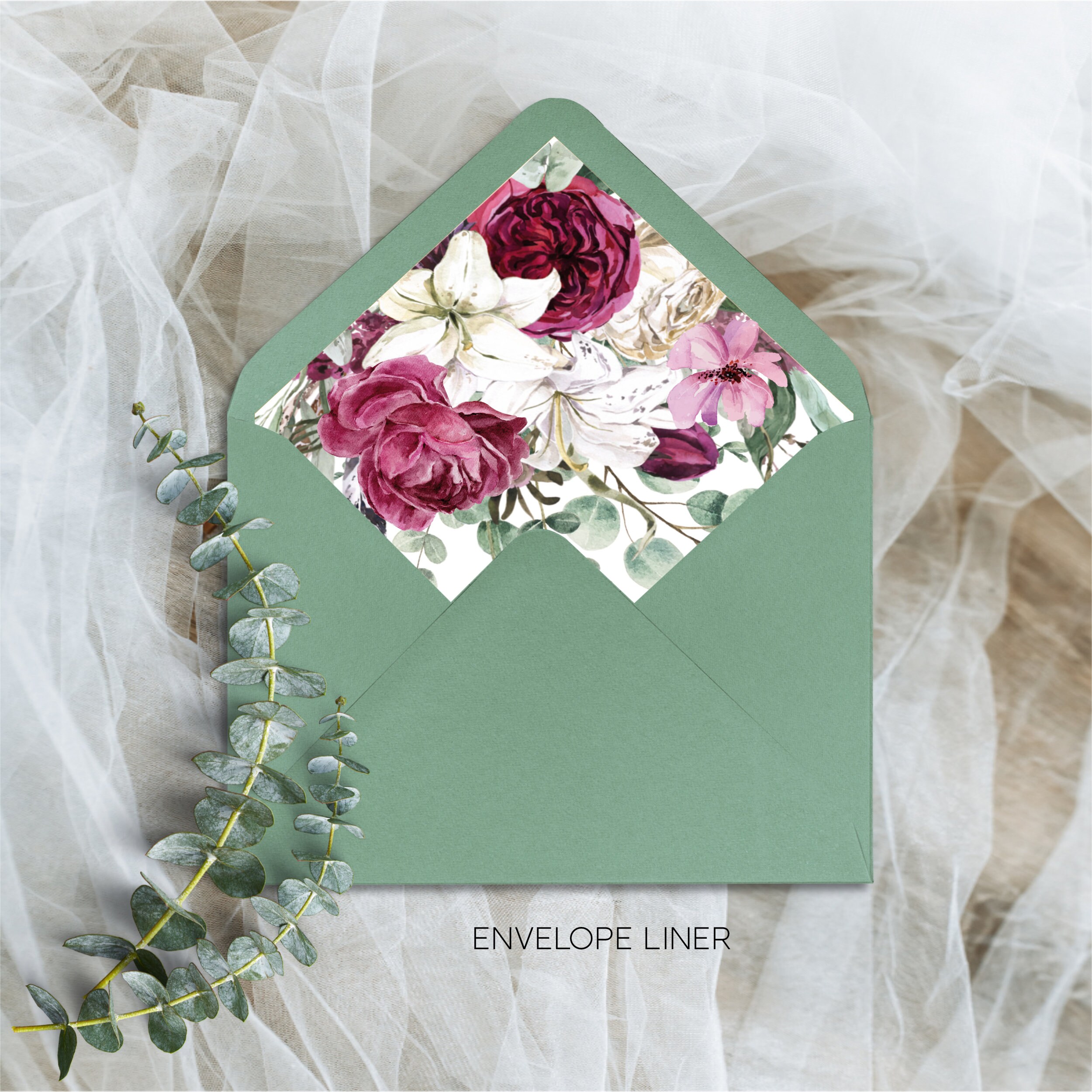 Burgundy Envelope Liner, Pink Floral Envelope Liners, Printable Liners ...
