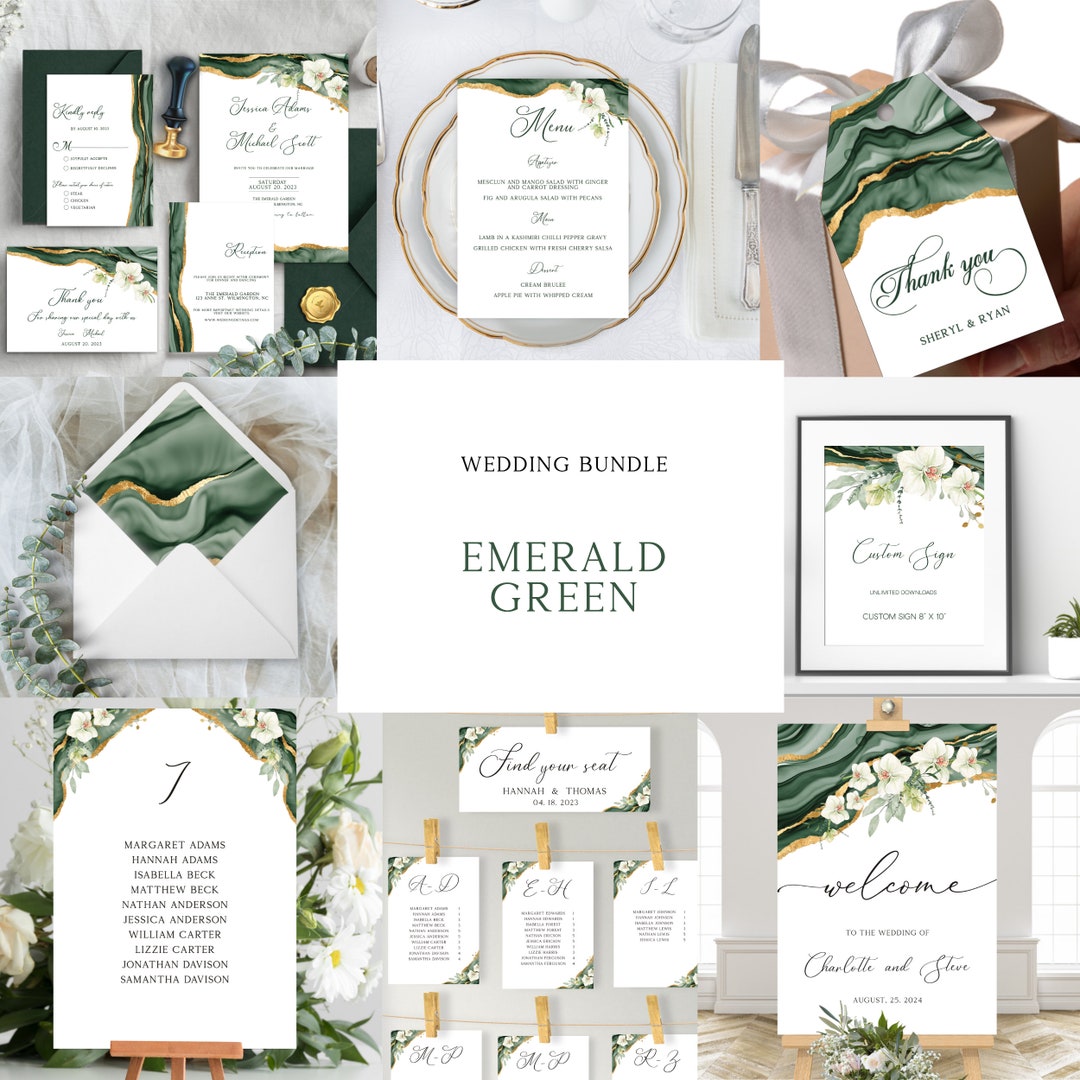 Emerald Green Wedding Invitation Bundle, Wedding Invitation Set Digital ...