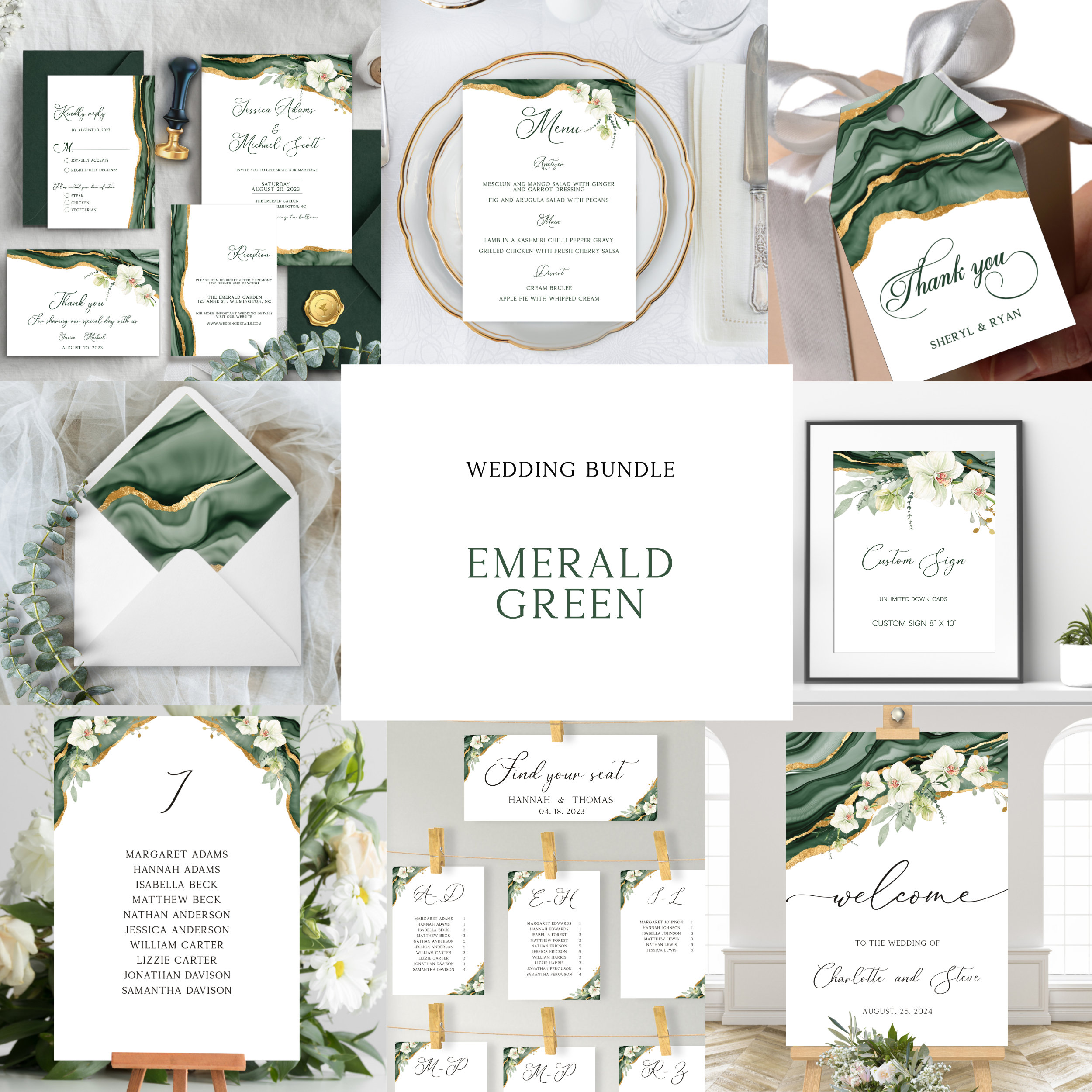 Emerald Green Wedding Invitation Bundle, Wedding Invitation Set Digital ...