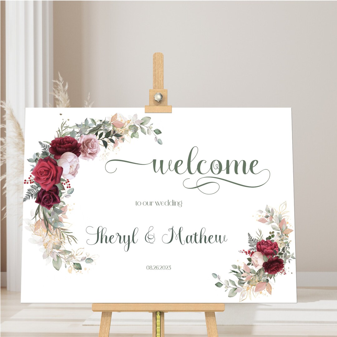 Wedding Welcome Sign Template, Burgundy Welcome Sign, Custom Wedding ...