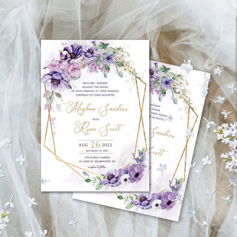 Purple Wedding Invitation Suite, Printable Wedding Invitation Set ...