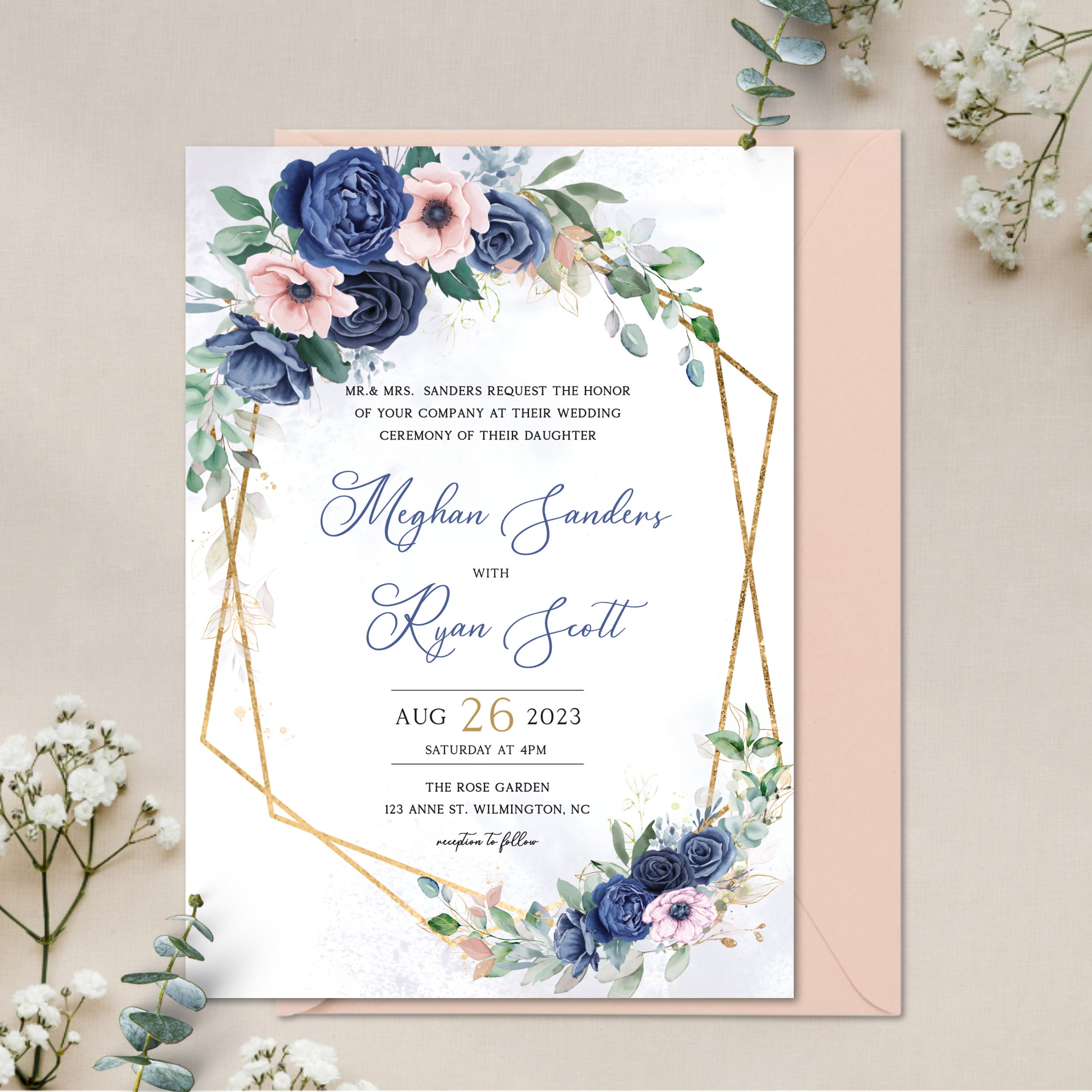 Blue Wedding Invitation, Floral Wedding Suite, Printable Template ...