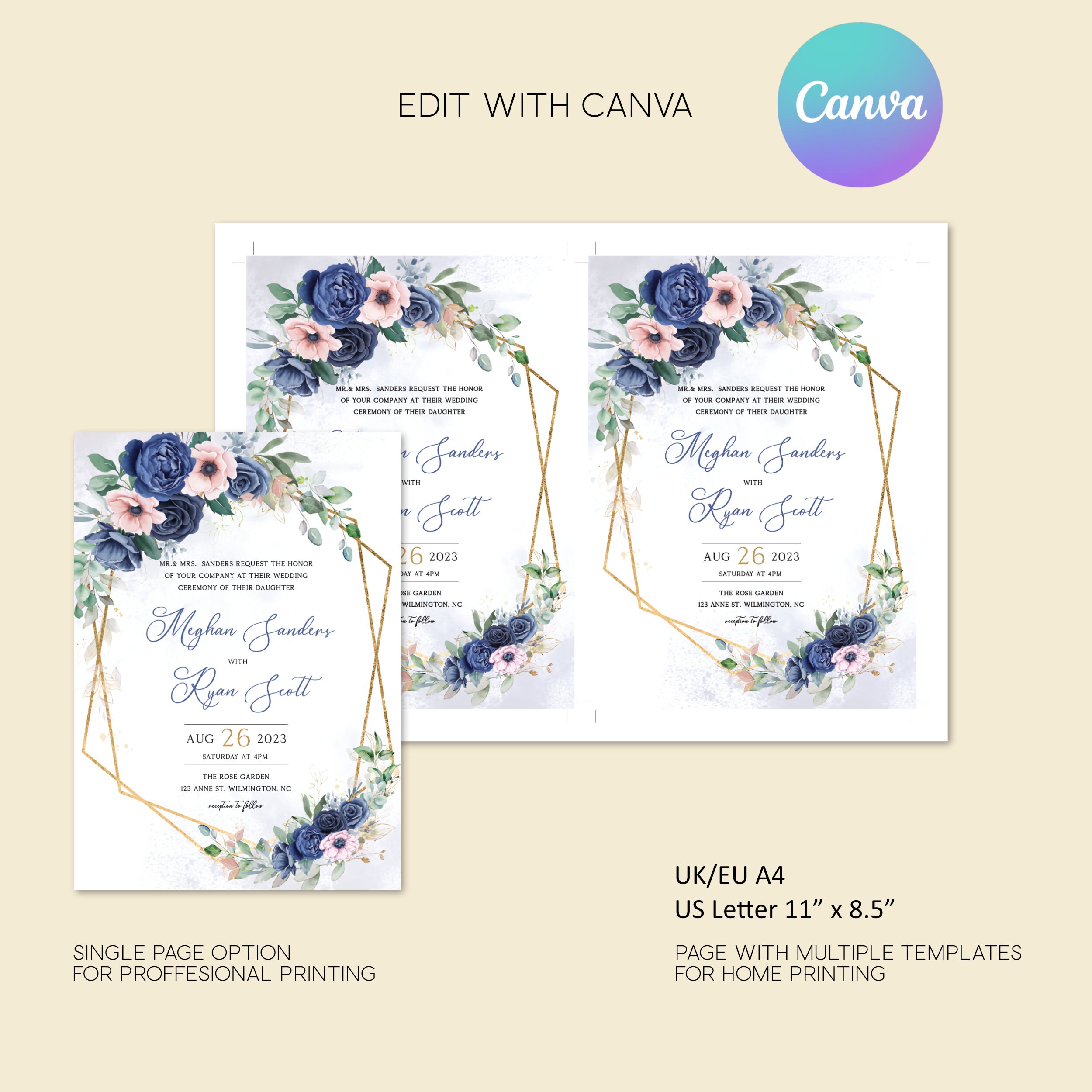 Blue Wedding Invitation, Floral Wedding Suite, Printable Template ...