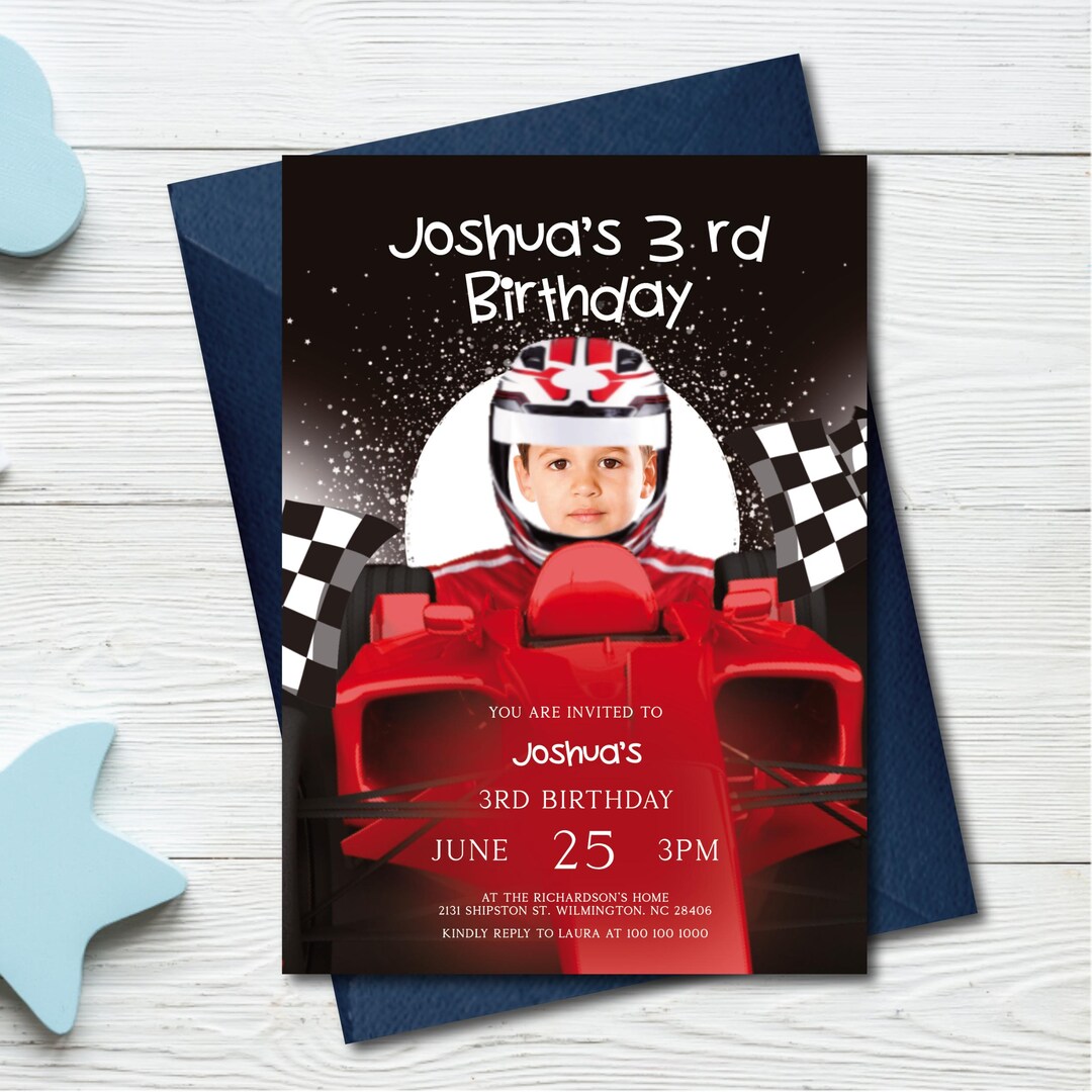 Red Car Racing First Birthday Invitation With Photo for Boys Digital ...