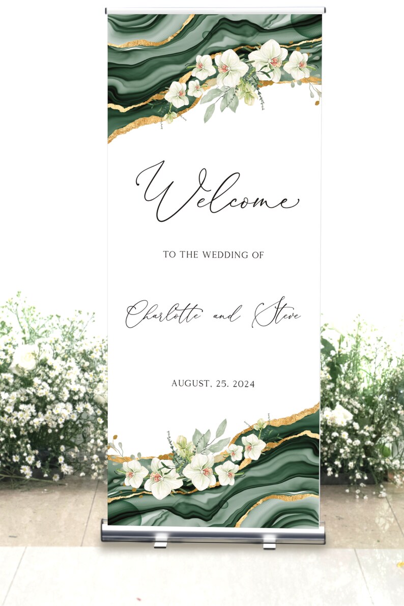 Emerald Green Wedding Welcome Banner, Green Gold Floral Editable ...