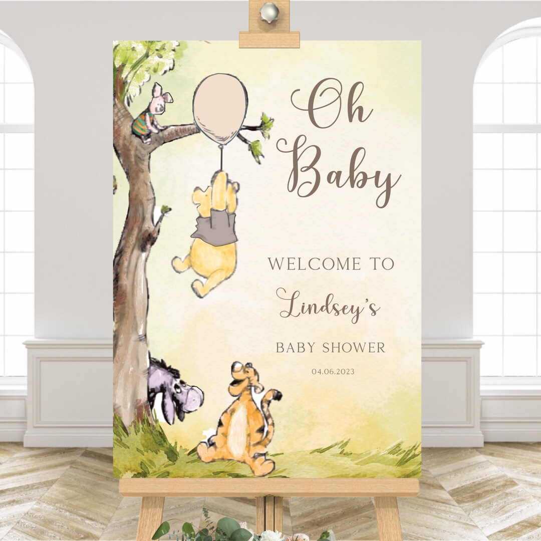 Winnie the Pooh Baby Shower Welcome Sign, Neutral Baby Shower Sign, Winnie the Pooh Balloon ...