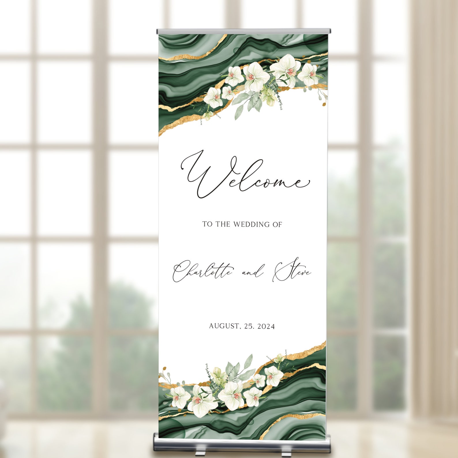 Emerald Green Wedding Welcome Banner, Green Gold Floral Editable ...