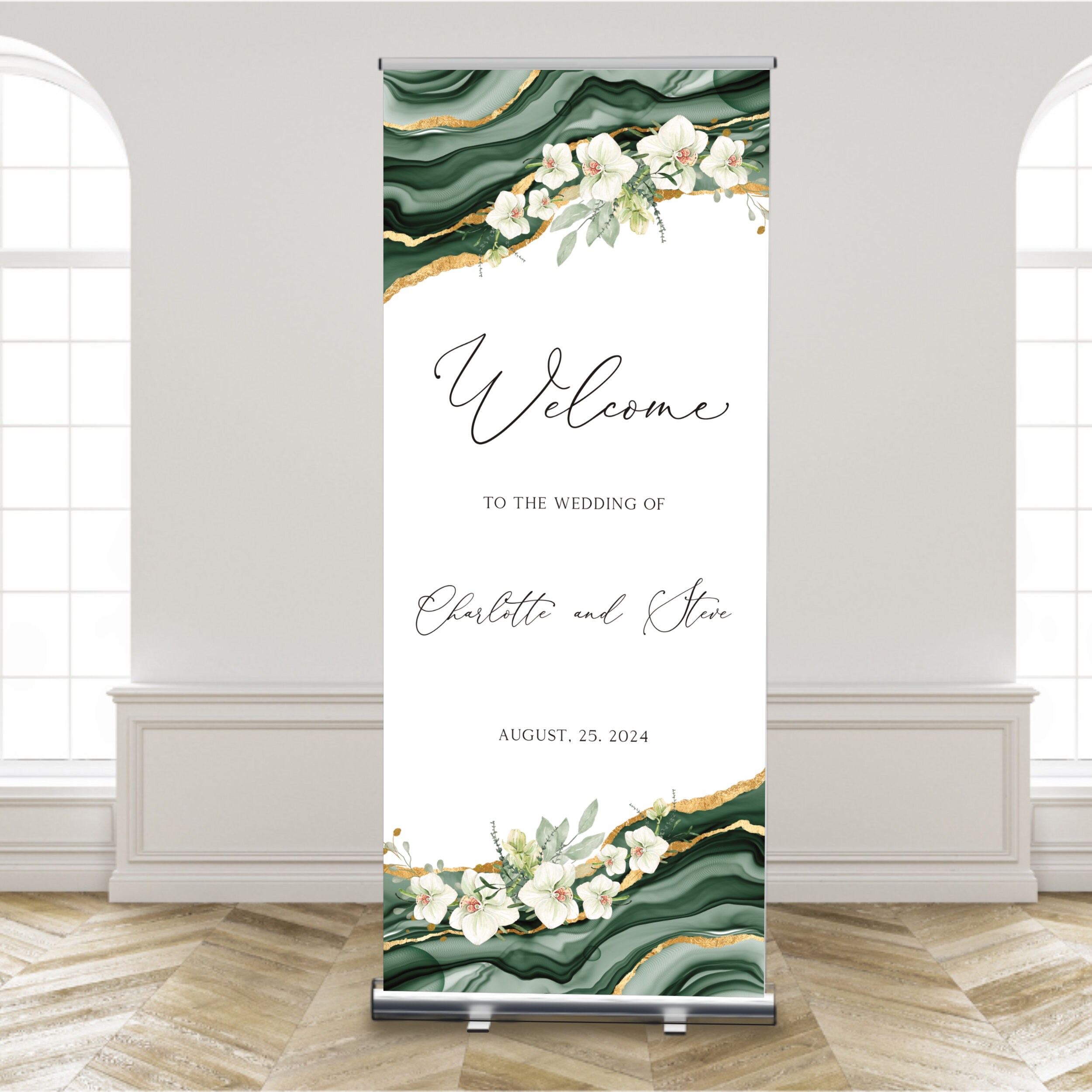 Emerald Green Wedding Welcome Banner, Green Gold Floral Editable ...
