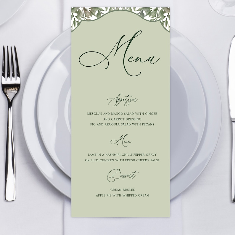 Sage Green Wedding Menu Card, Printable Template, Editable Menu Card ...
