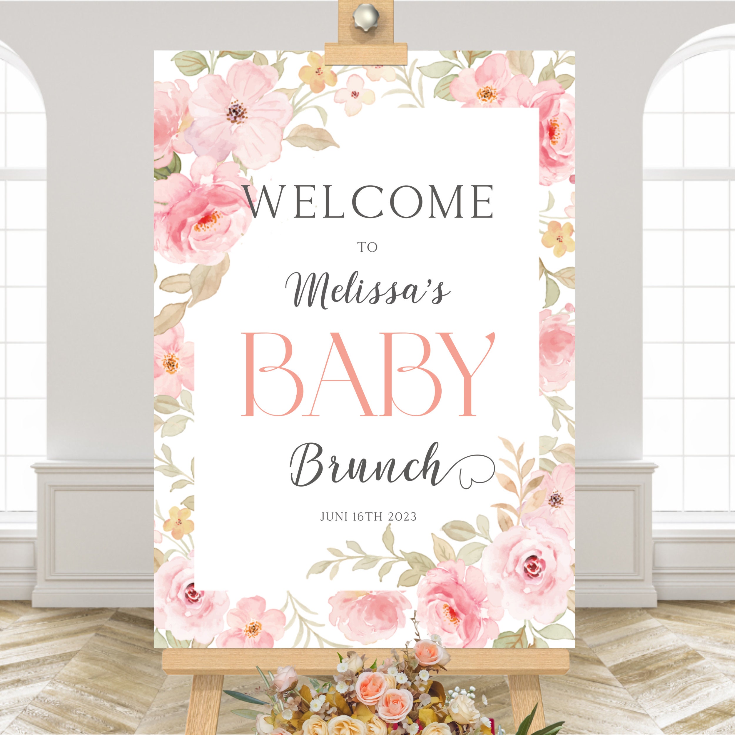 Girl Baby Shower Welcome Sign, Dusty Pink Flowers, Editable Sign ...