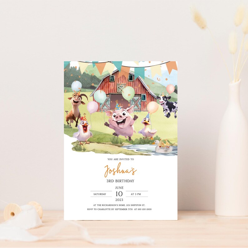 Birthday Invitation, Funny Farm Animals, Editable Birthday Invite ...