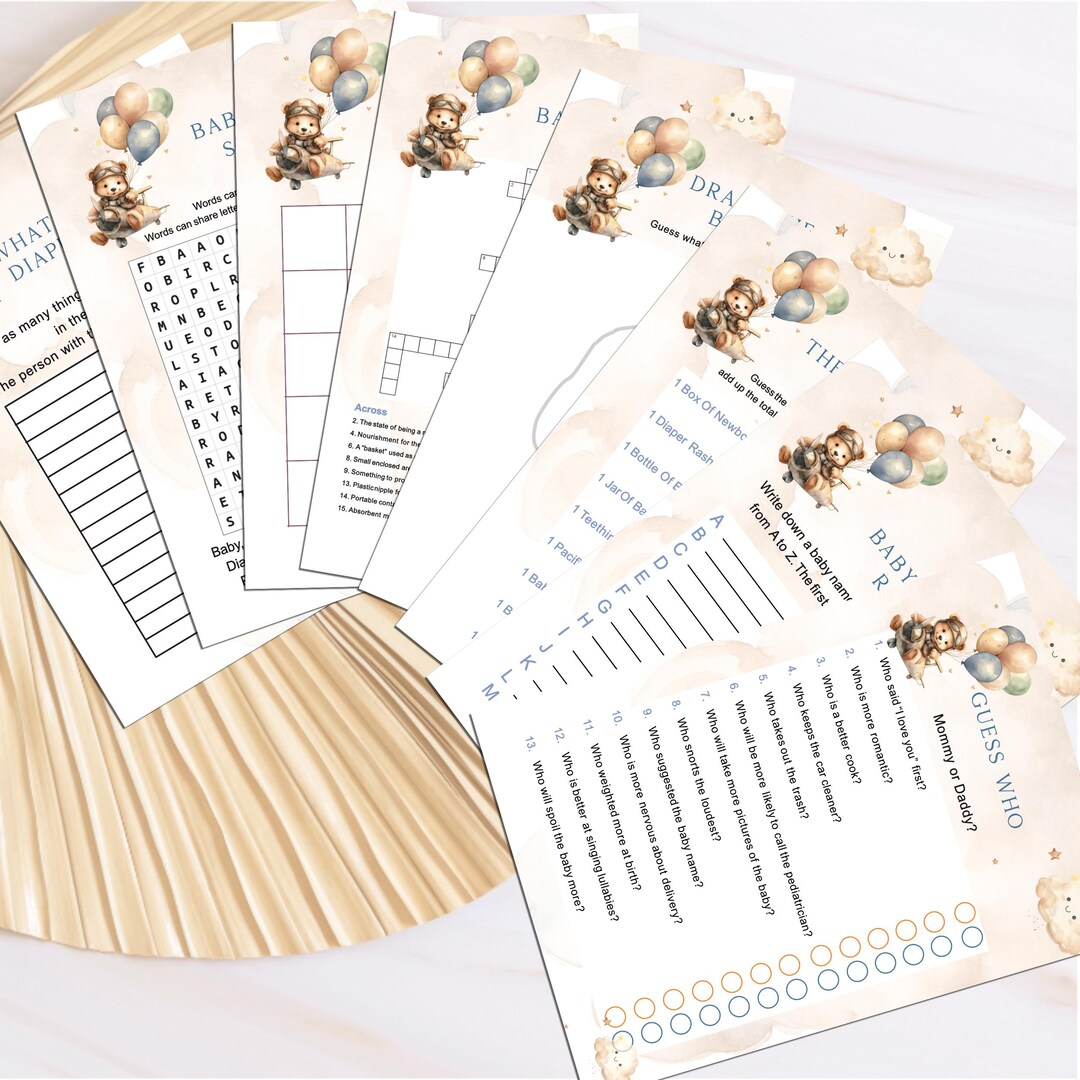 Blue Teddy Bear Themed Baby Shower Games Bundle: Printable Bingo, Word ...