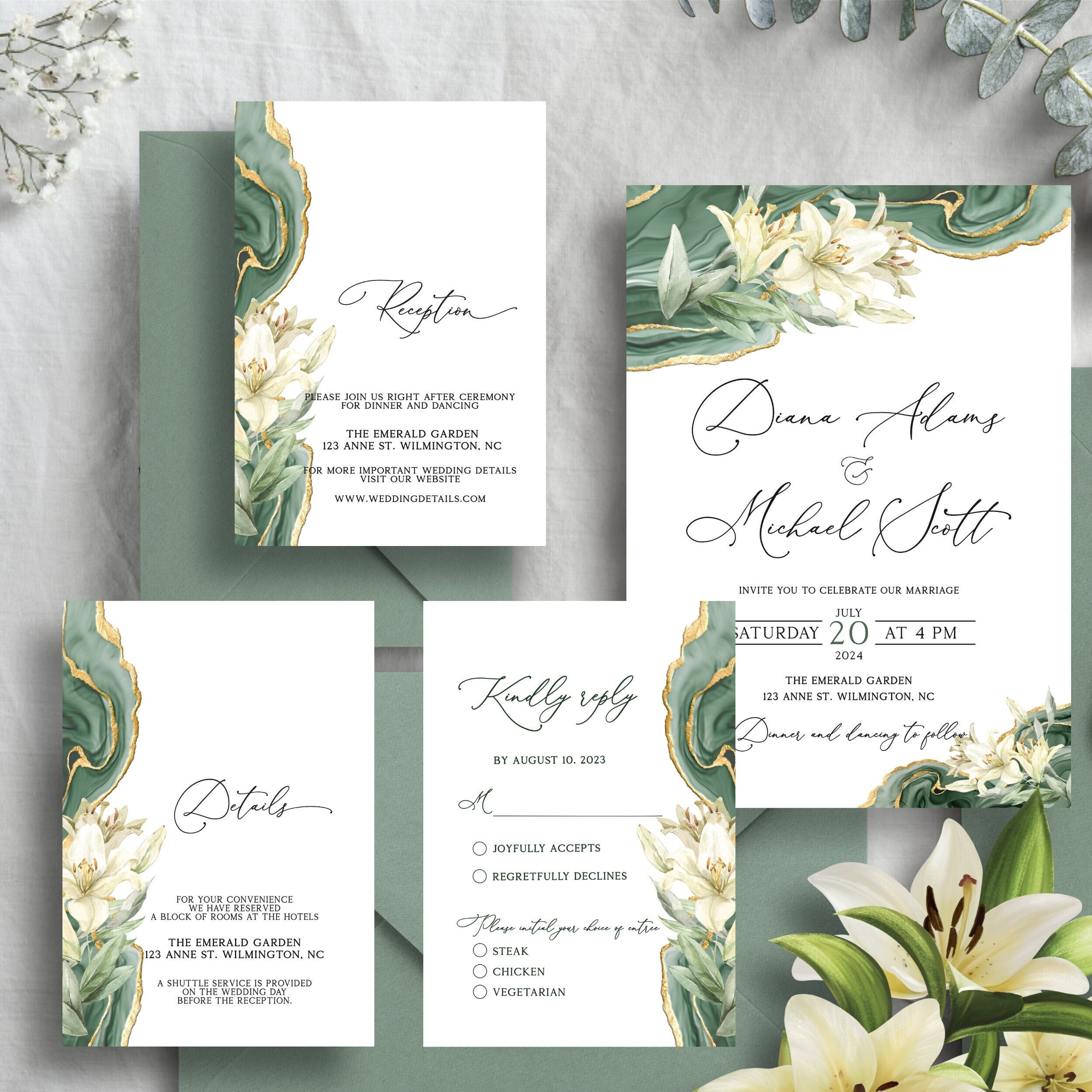 Emerald Green and Gold Wedding Invitation Template, Wedding Suite ...