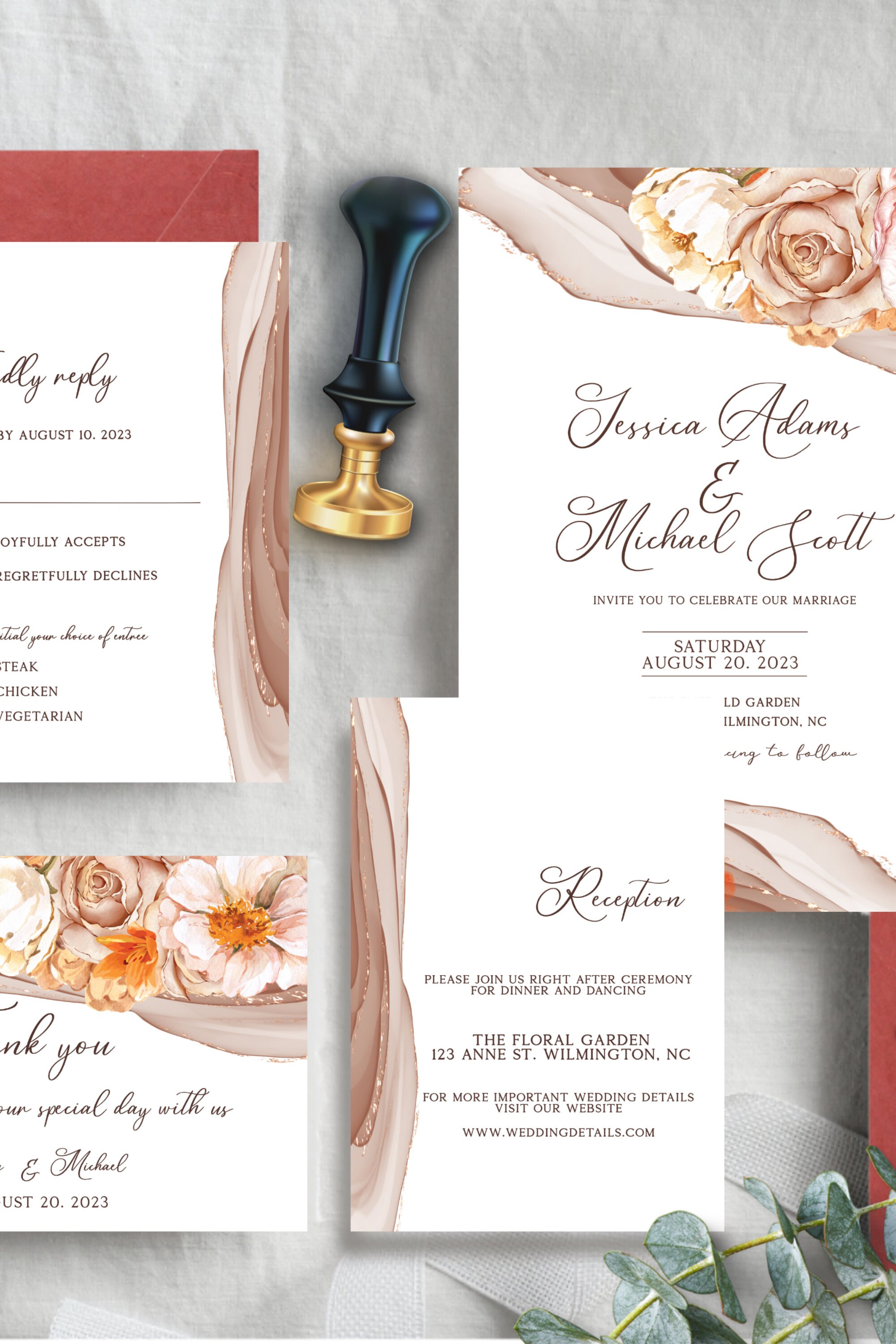 Wedding Invitation, Peach Wedding Invitation Template, Editable Wedding ...