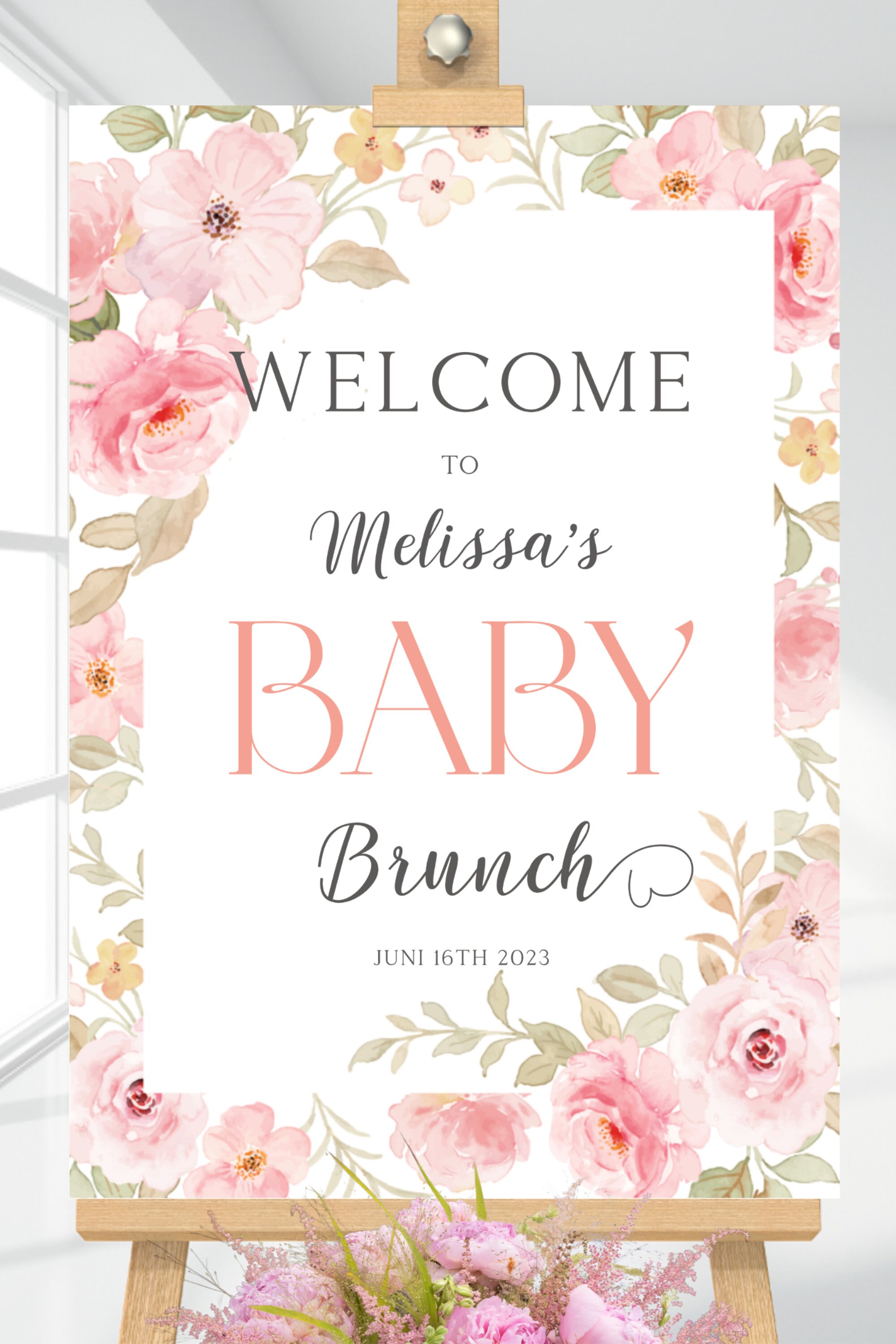 Girl Baby Shower Welcome Sign, Dusty Pink Flowers, Editable Sign ...