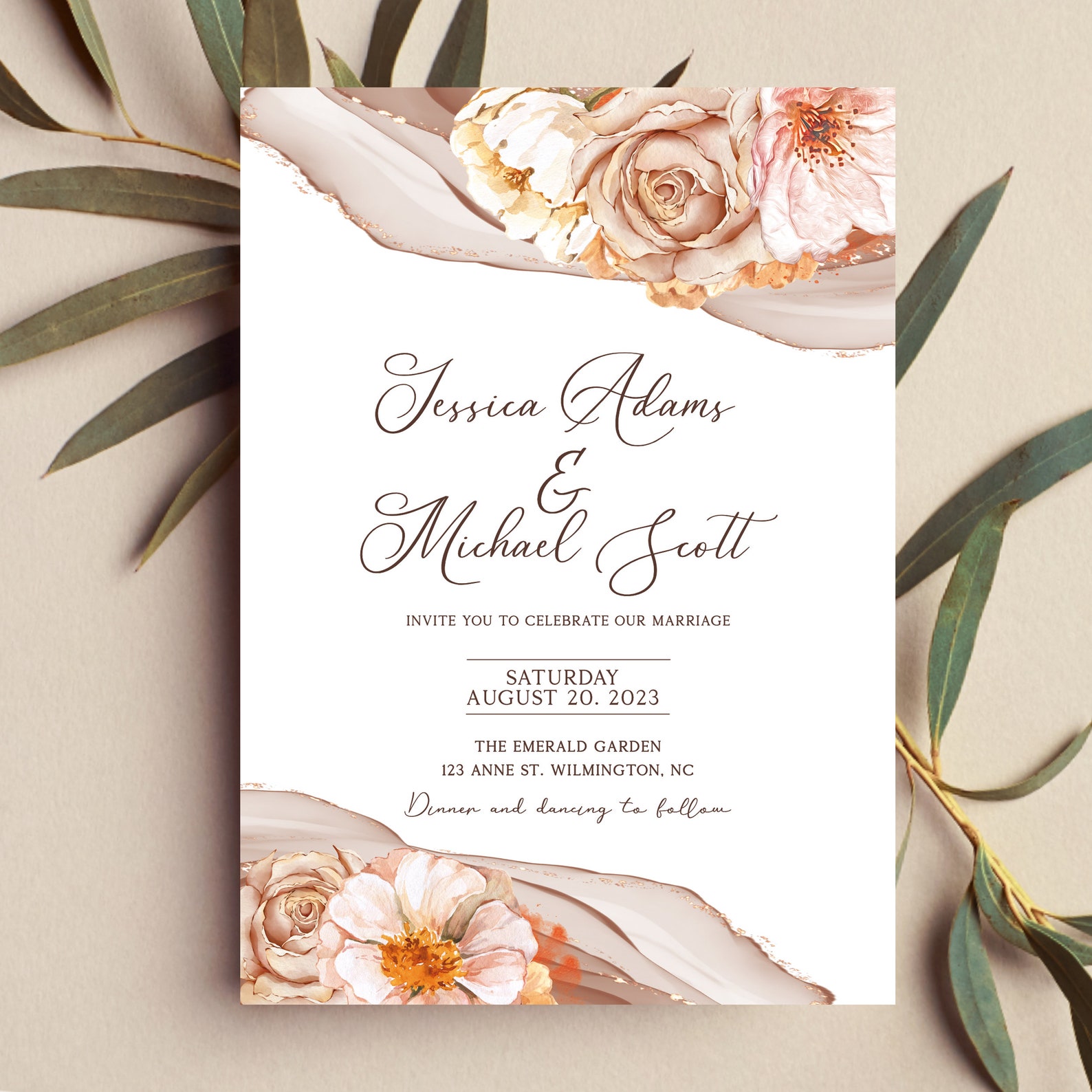 Wedding Invitation, Peach Wedding Invitation Template, Editable Wedding ...