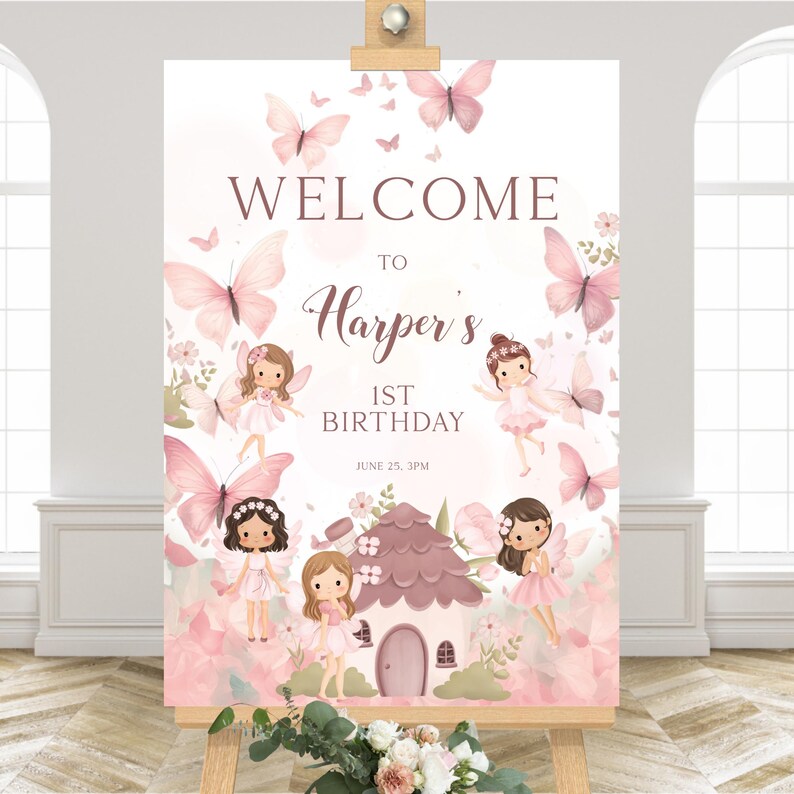 Editable Butterfly Fairy Welcome Sign, Pink Purple Birthday Digital ...