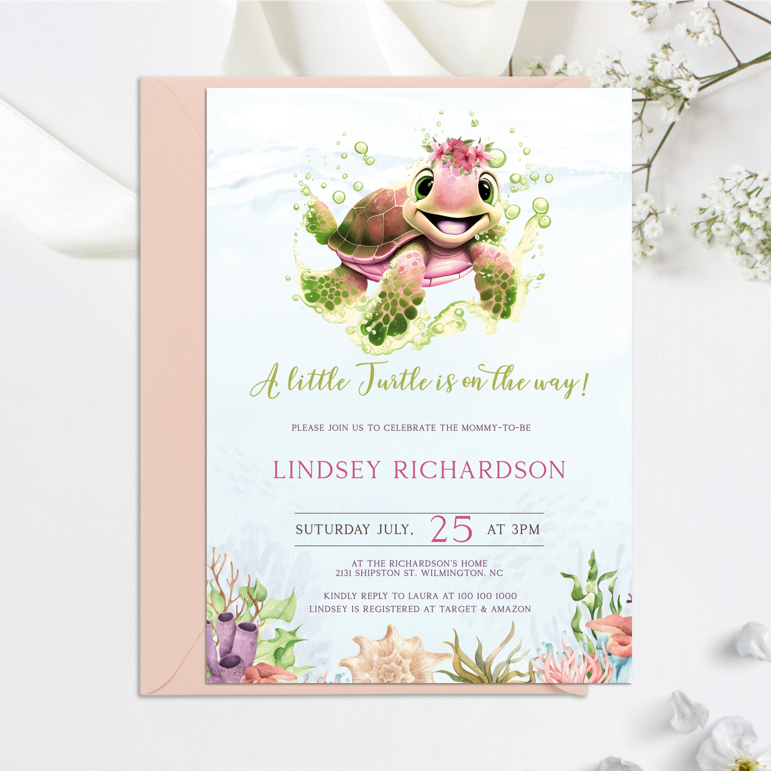 Turtle Baby Shower Invitation, Watercolor Turtle, Printable Baby Shower ...