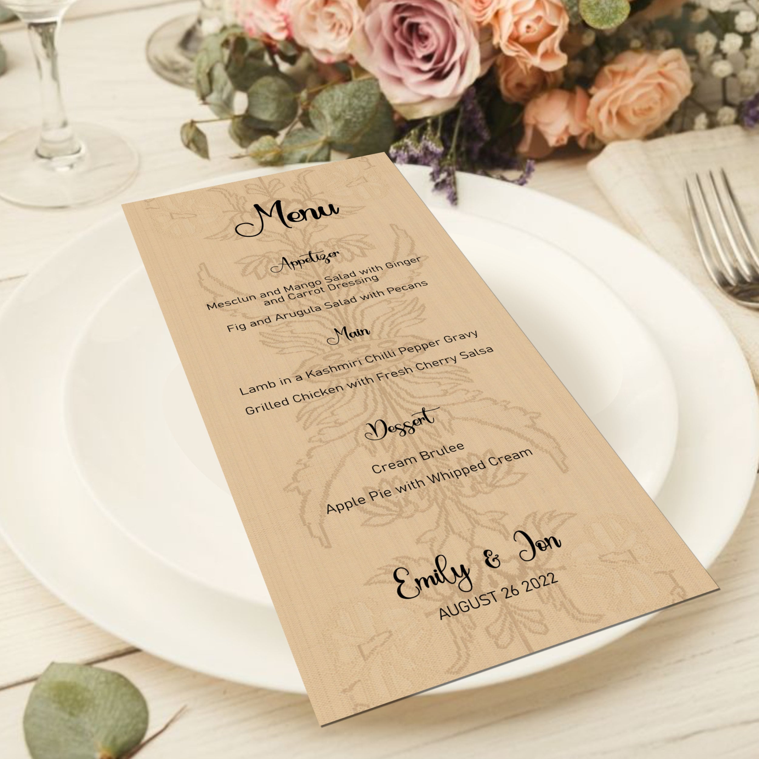 Rustic Wedding Menu, Printable Template, Silk Embroidery Pattern Gold ...