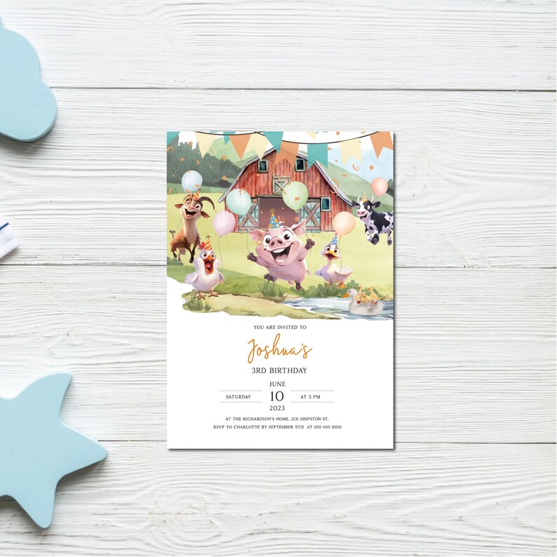 Birthday Invitation, Funny Farm Animals, Editable Birthday Invite ...
