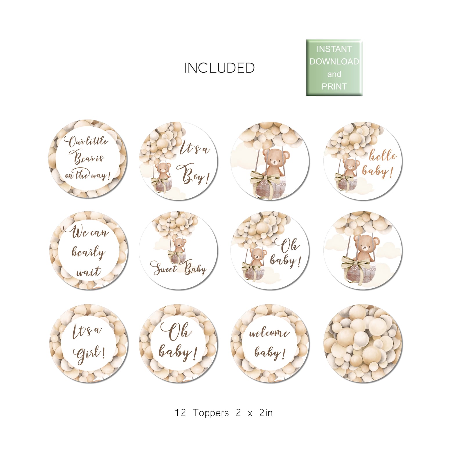 Bear Balloons Cupcake Toppers, Muffin Topper Instant Print BS84 - Etsy