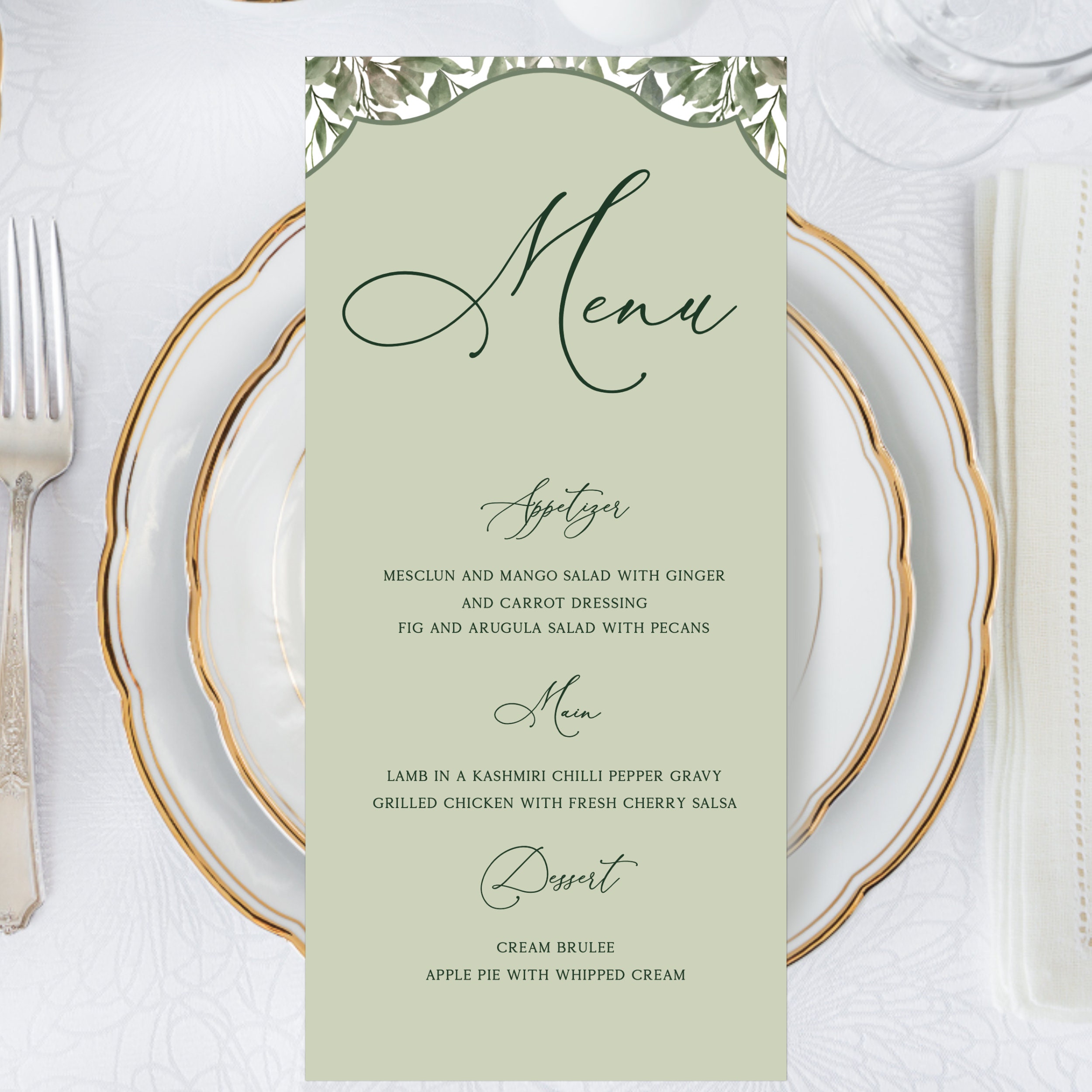 Sage Green Wedding Menu Card, Printable Template, Editable Menu Card ...