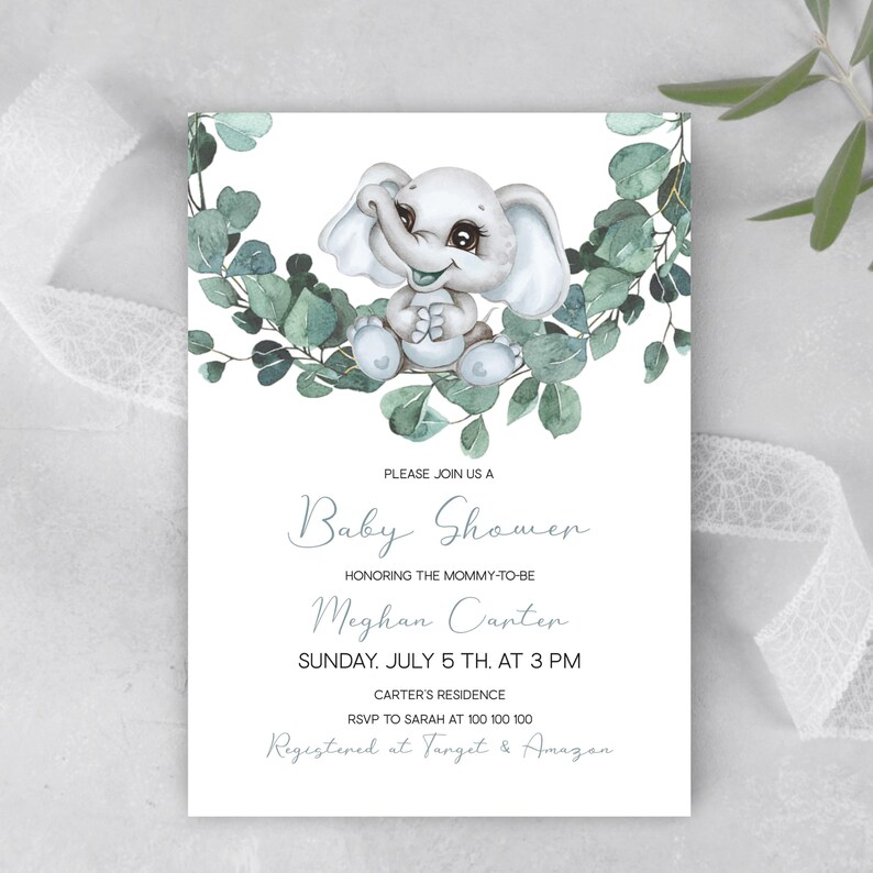 Elephant Baby Shower Invitation, Editable Invitation Digital Download ...