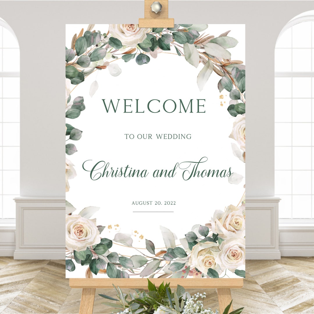 Wedding Welcome Sign, Greenery, White Flowers, Floral Welcome Sign ...