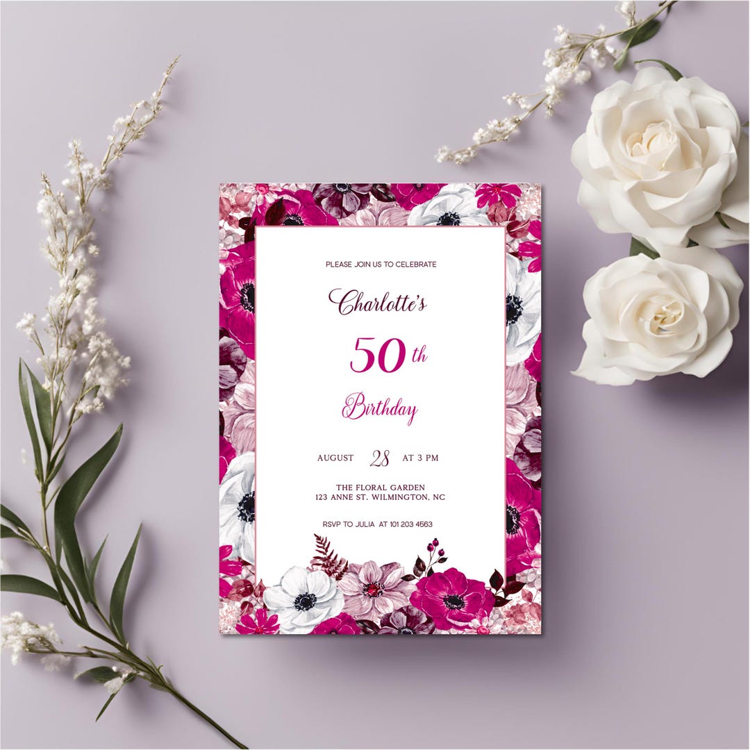 Hot Pink Birthday Invitation Template, Floral Invites Digital Download ...