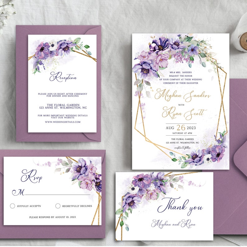 Purple Wedding Invitation Suite, Printable Wedding Invitation Set ...