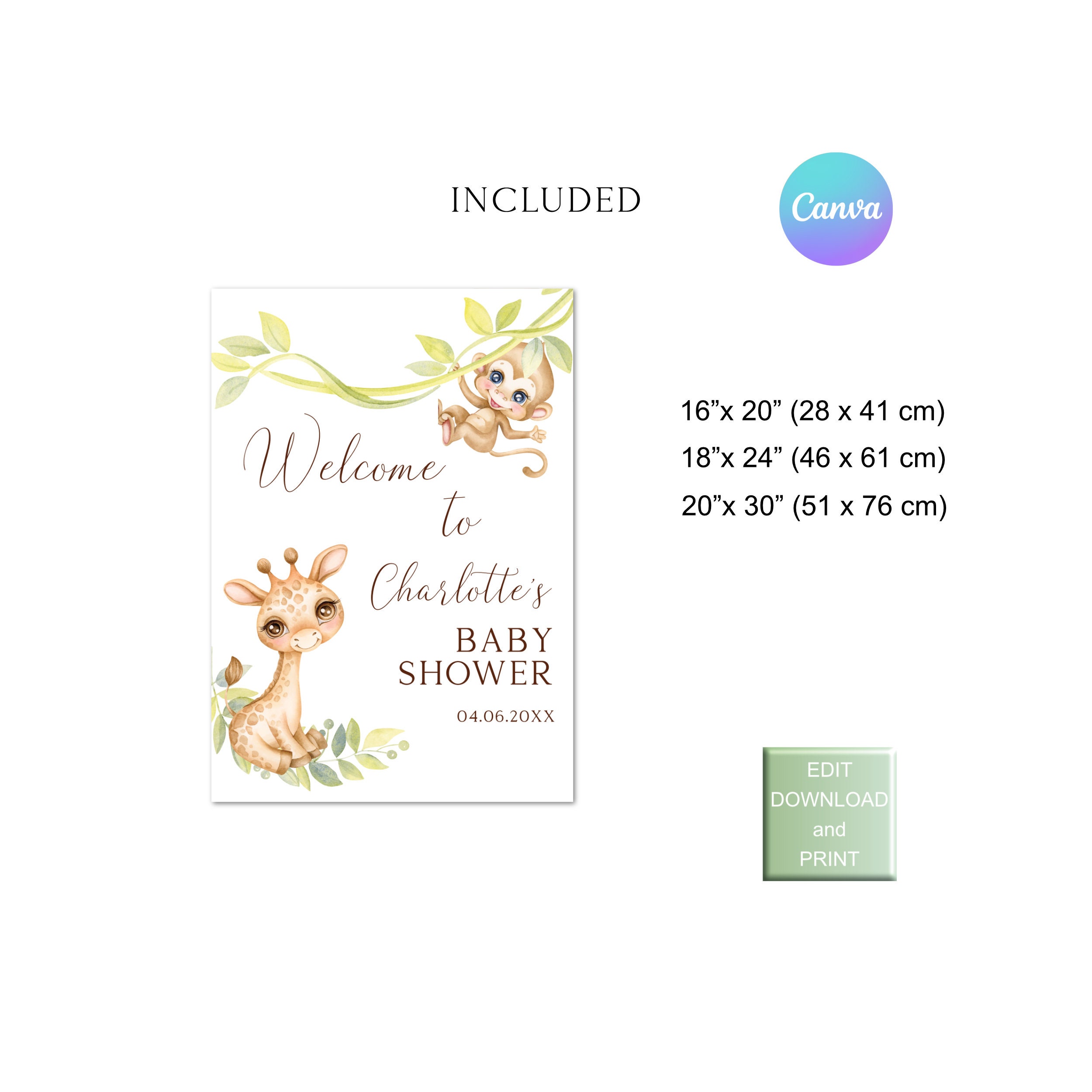 Giraffe Baby Shower Welcome Sign, Editable Baby Shower Sign, Jungle ...