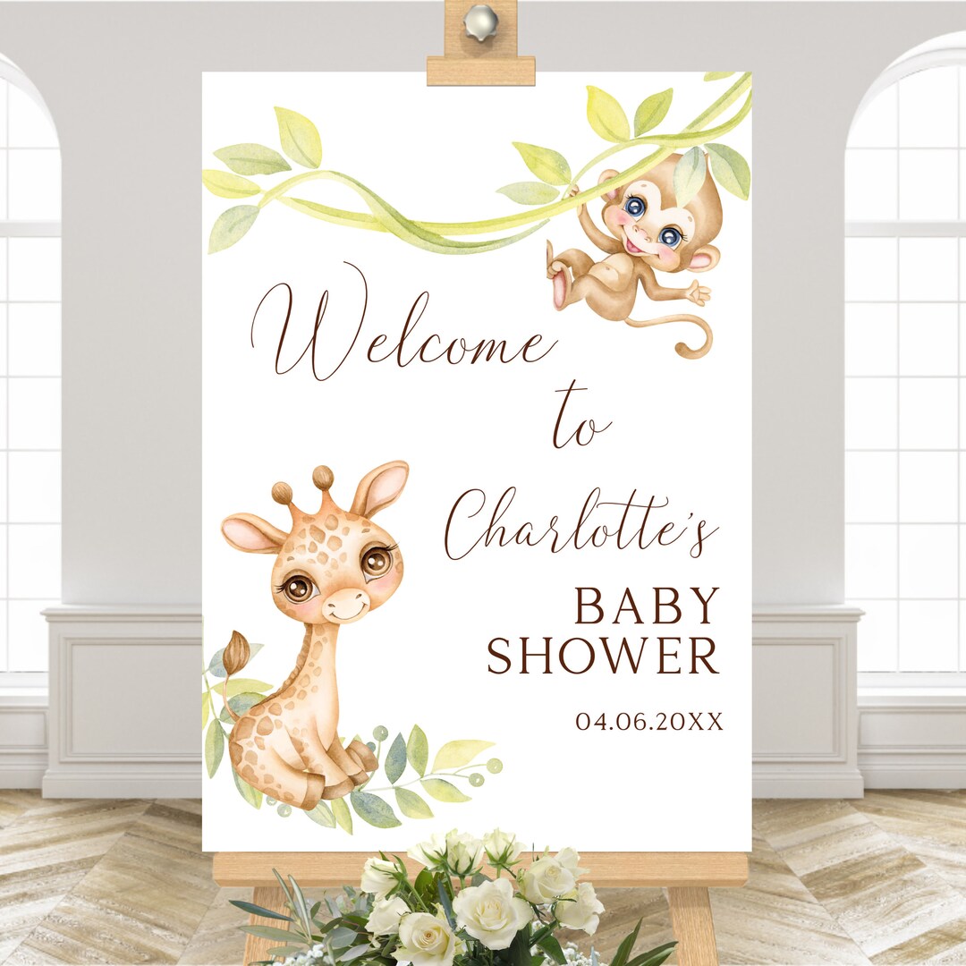 Giraffe Baby Shower Welcome Sign, Editable Baby Shower Sign, Jungle ...