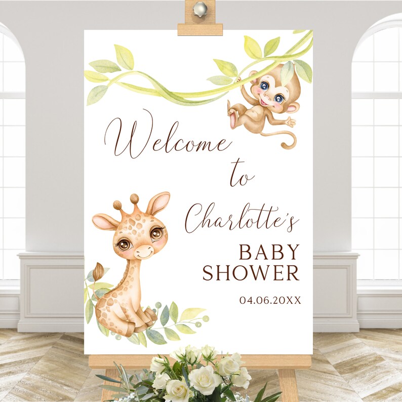 Giraffe Baby Shower Welcome Sign, Editable Baby Shower Sign, Jungle ...
