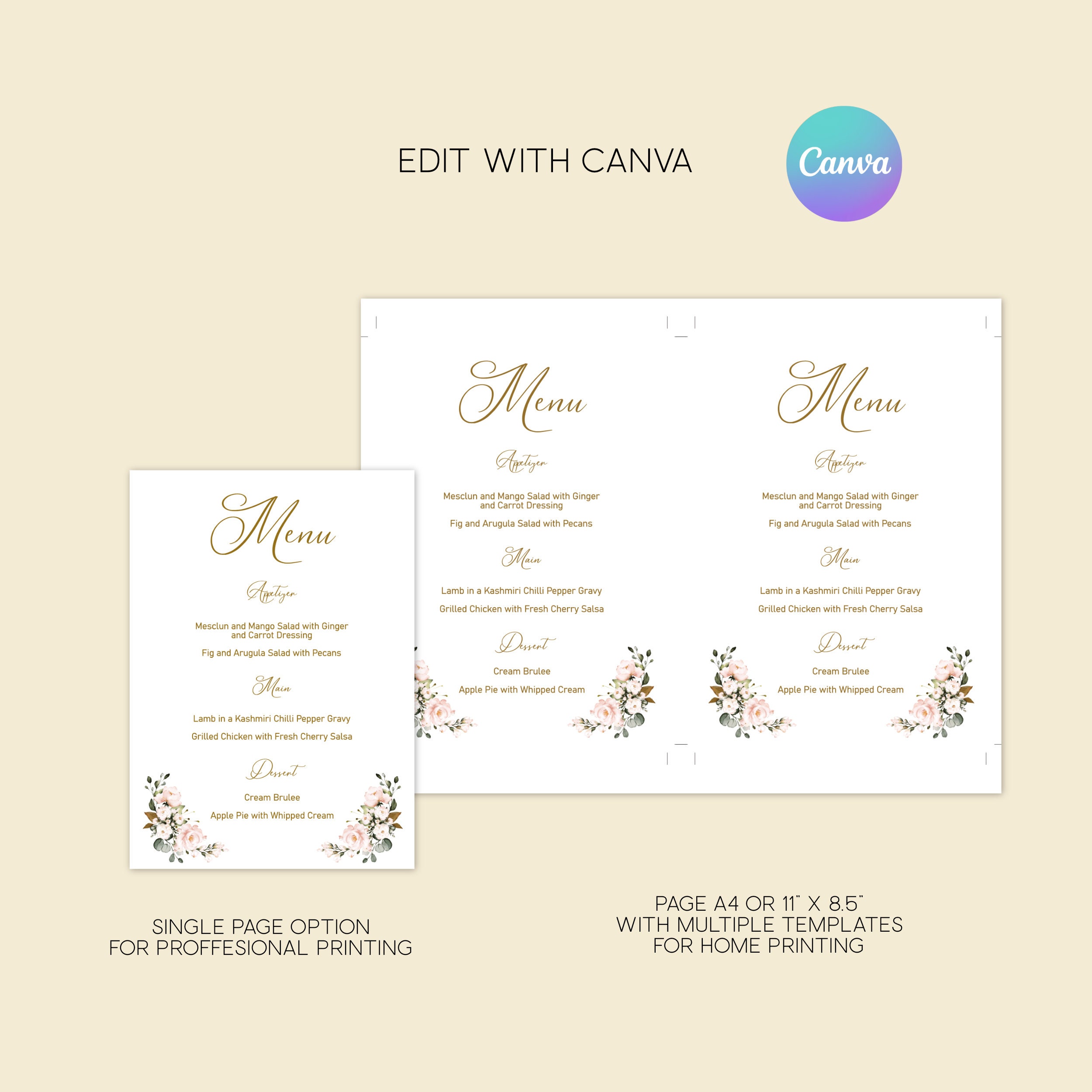 Wedding Menu Card, Printable Menu Template, Wedding Menu Card Digital ...