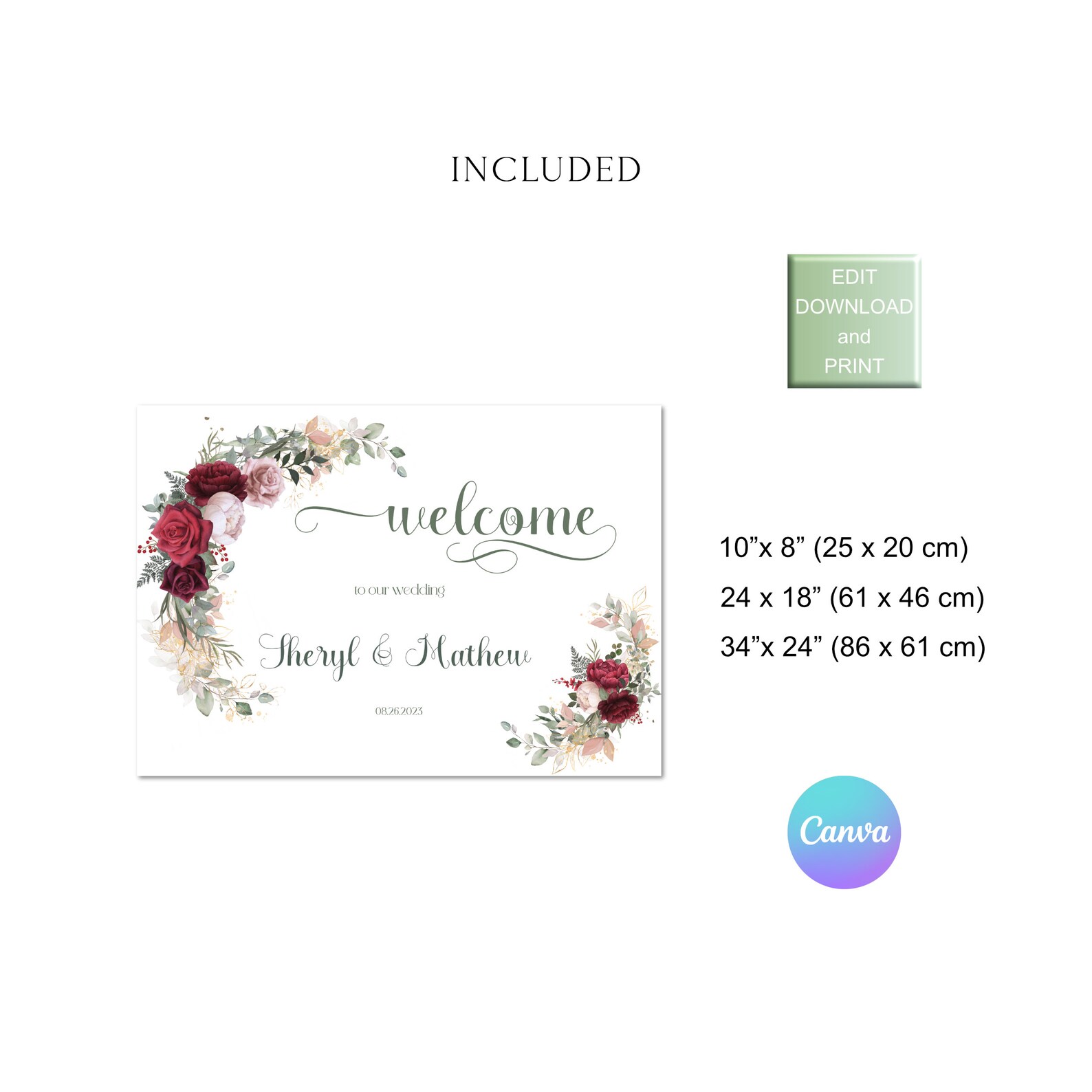 Wedding Welcome Sign, Burgundy Welcome Sign, Editable Wedding Sign ...