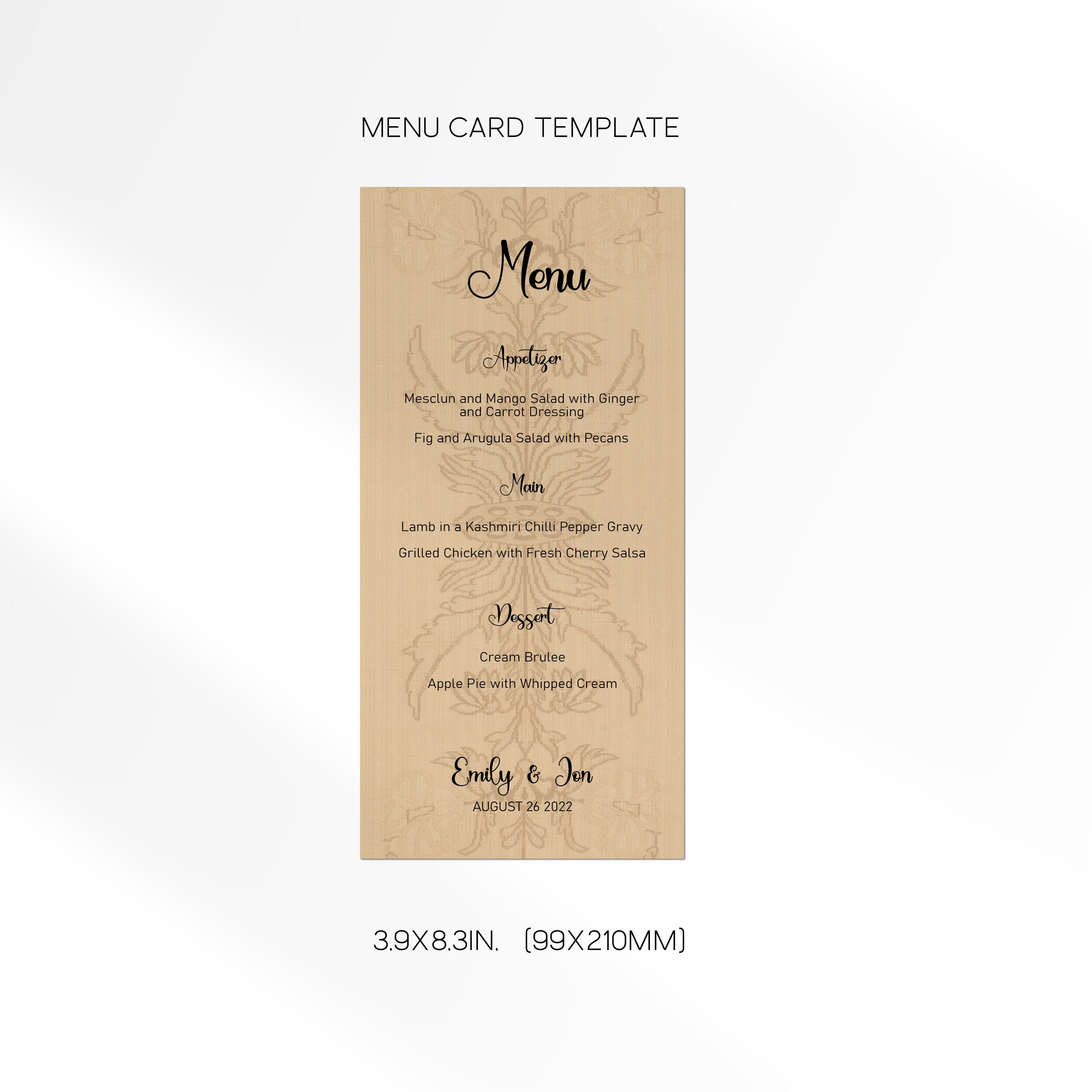 Rustic Wedding Menu, Printable Template, Silk Embroidery Pattern Gold ...