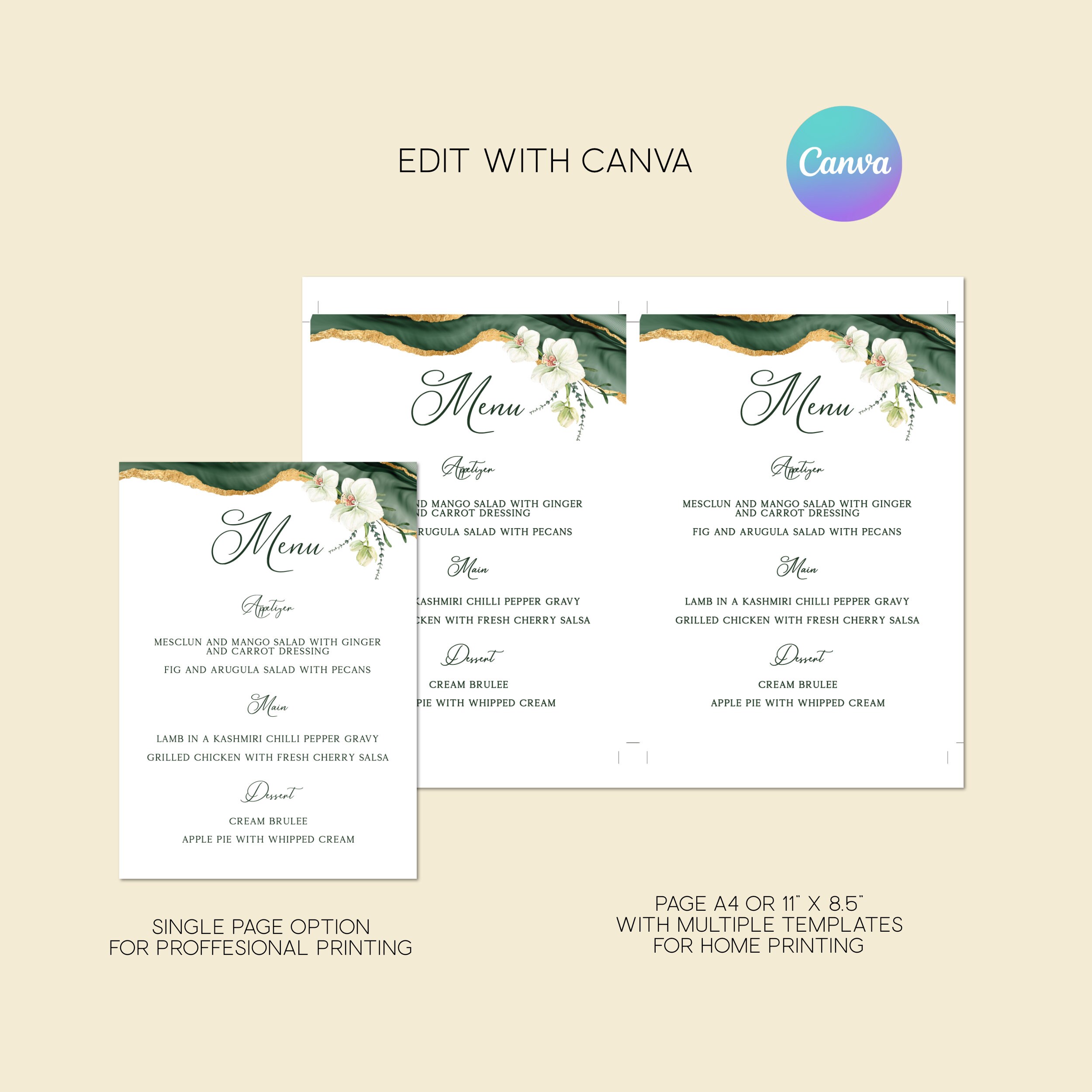 Emerald Green Wedding Menu Template, Printable, Menu Template Digital ...