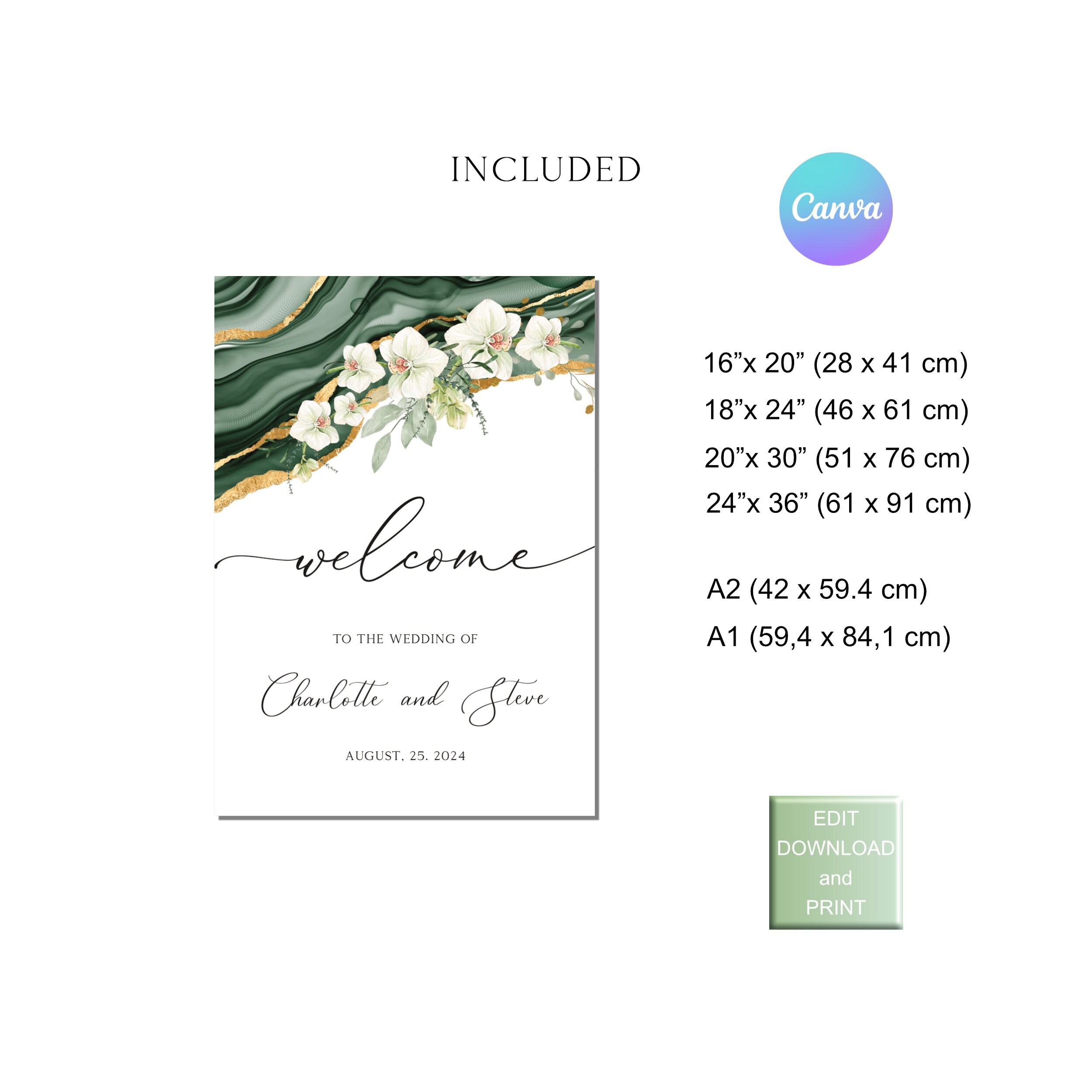 Emerald Green Wedding Welcome Sign, Green and Gold Wedding, Editable ...