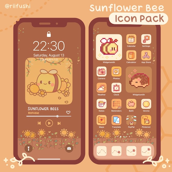 Sunflower Bee App Icon Set Kawaii Aesthetic Pack for Android - Etsy