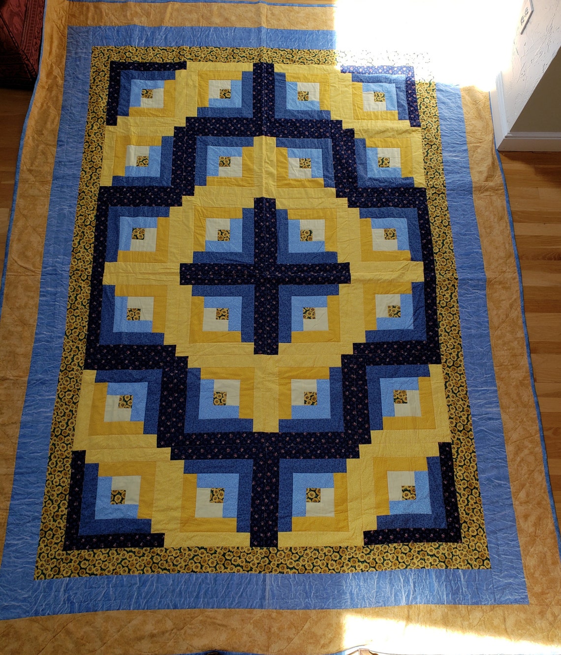 Blue and Yellow Log Cabin Quilt - Etsy