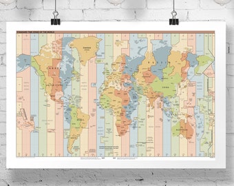 Standard Time Zones of the World Map Timezone School Wall Art Poster ...
