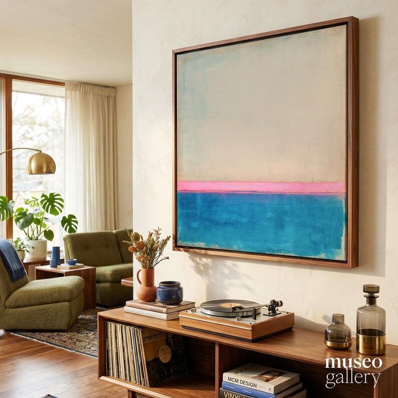 Abstract Color Field Blue and Pink Canvas | Minimalist Ocean Horizon ...