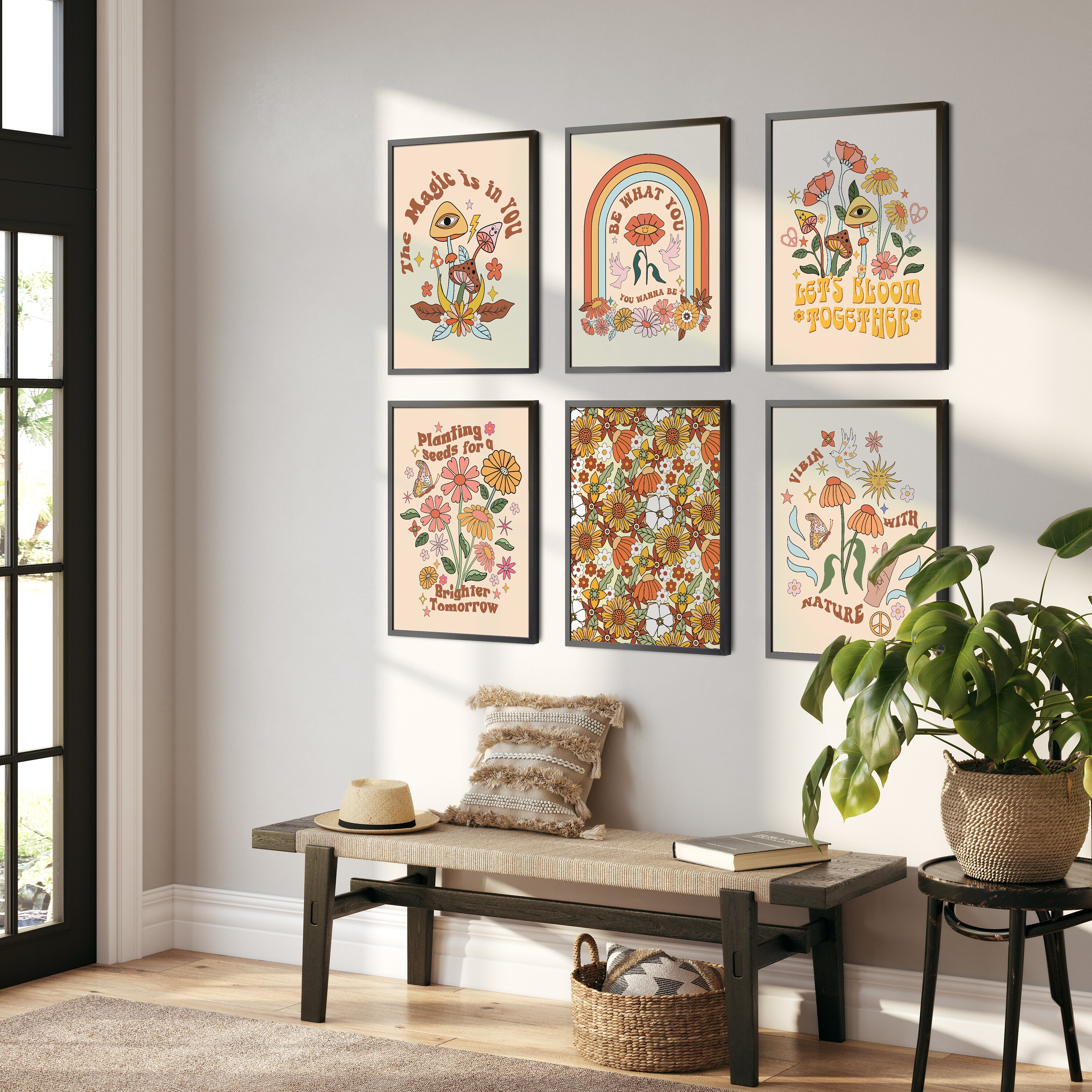 Retro Groovy Floral Set of 6 Positive Quote Motivational Posters ...