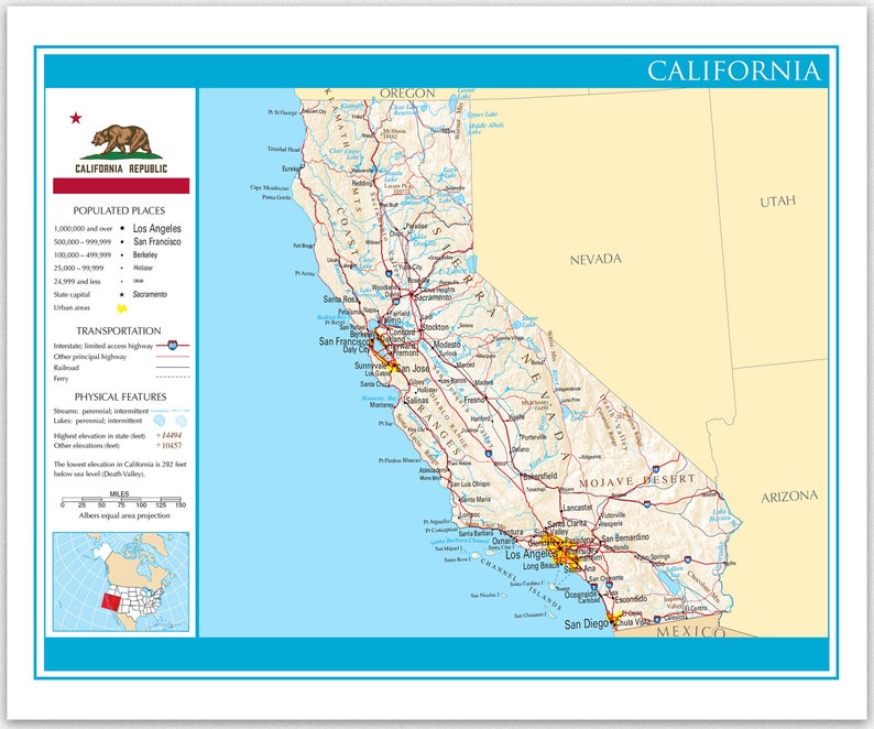 California Map Poster / Detailed Map of California Wall Map Home Wall ...