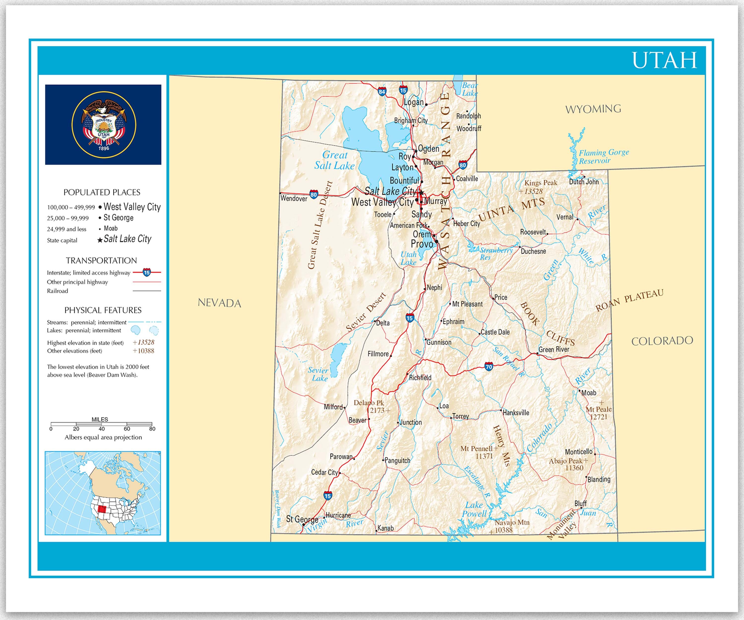 Utah Map Detailed Map of Utah State Utah Geography Wall Decor Utah ...