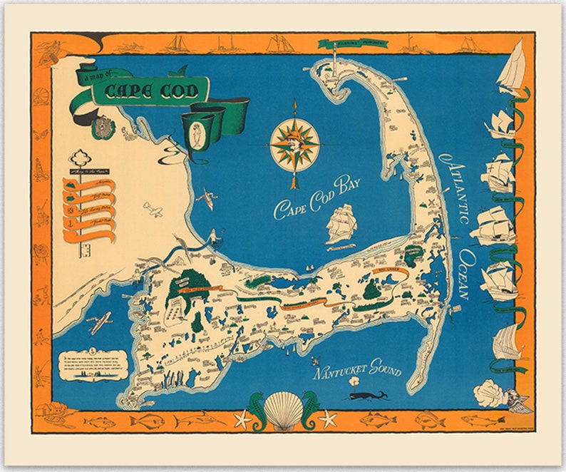 Cape Cod Vintage Map US State of Massachusetts Hyannis Point JF Kennedy ...