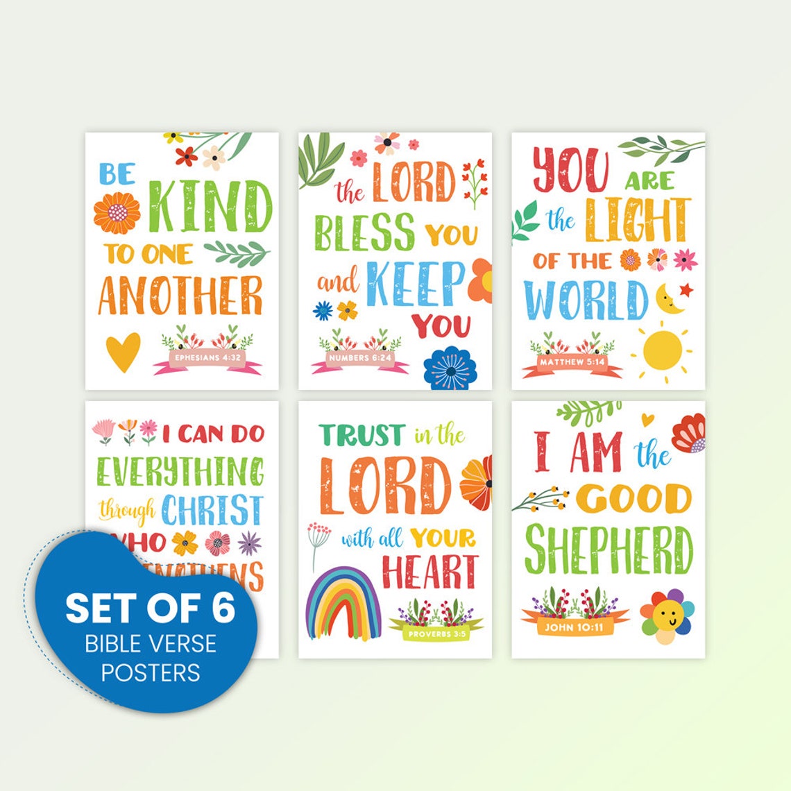 Bible Verse Posters Set of 6 - Christian Wall Art for Kids, Nursery ...