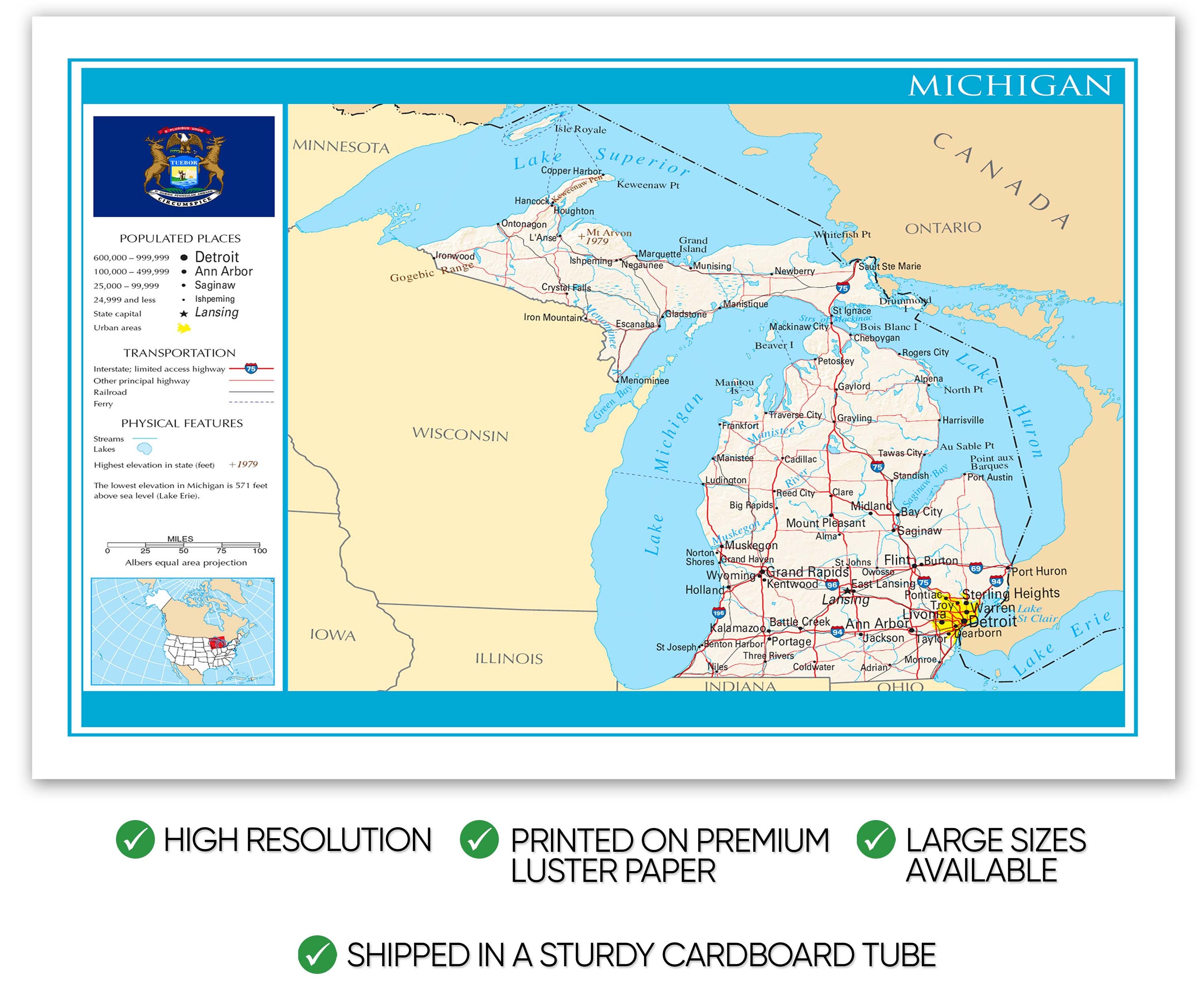 Michigan State Map Modern Art Wall Decor United States Atlas Retro Wall ...
