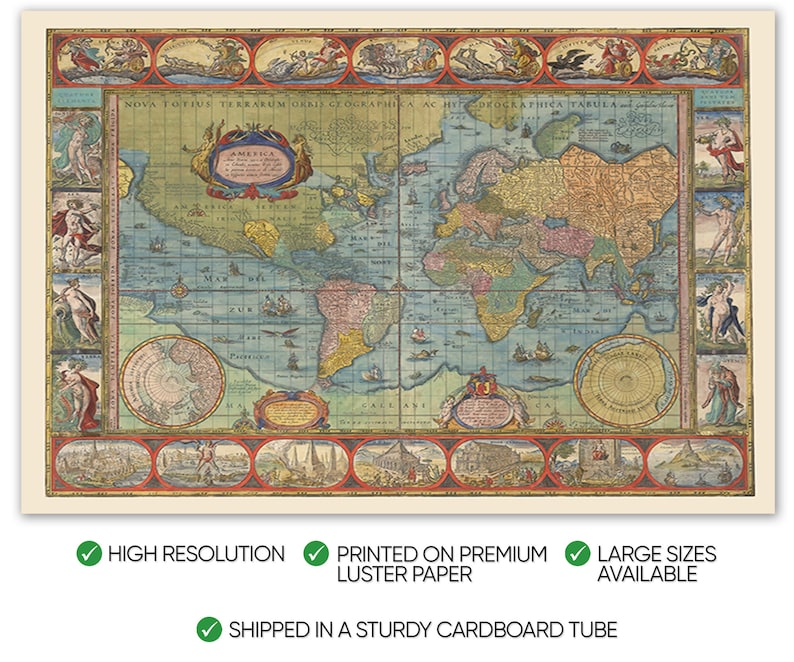 1649 Map of the World by Willem Blaeu Vintage Art Willem Blaeu Atlas Cartographic Sketches World ...