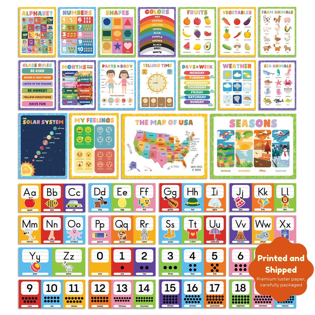 Kids Educational Posters: Alphabet, Numbers, Shapes - Set of 34 - Etsy